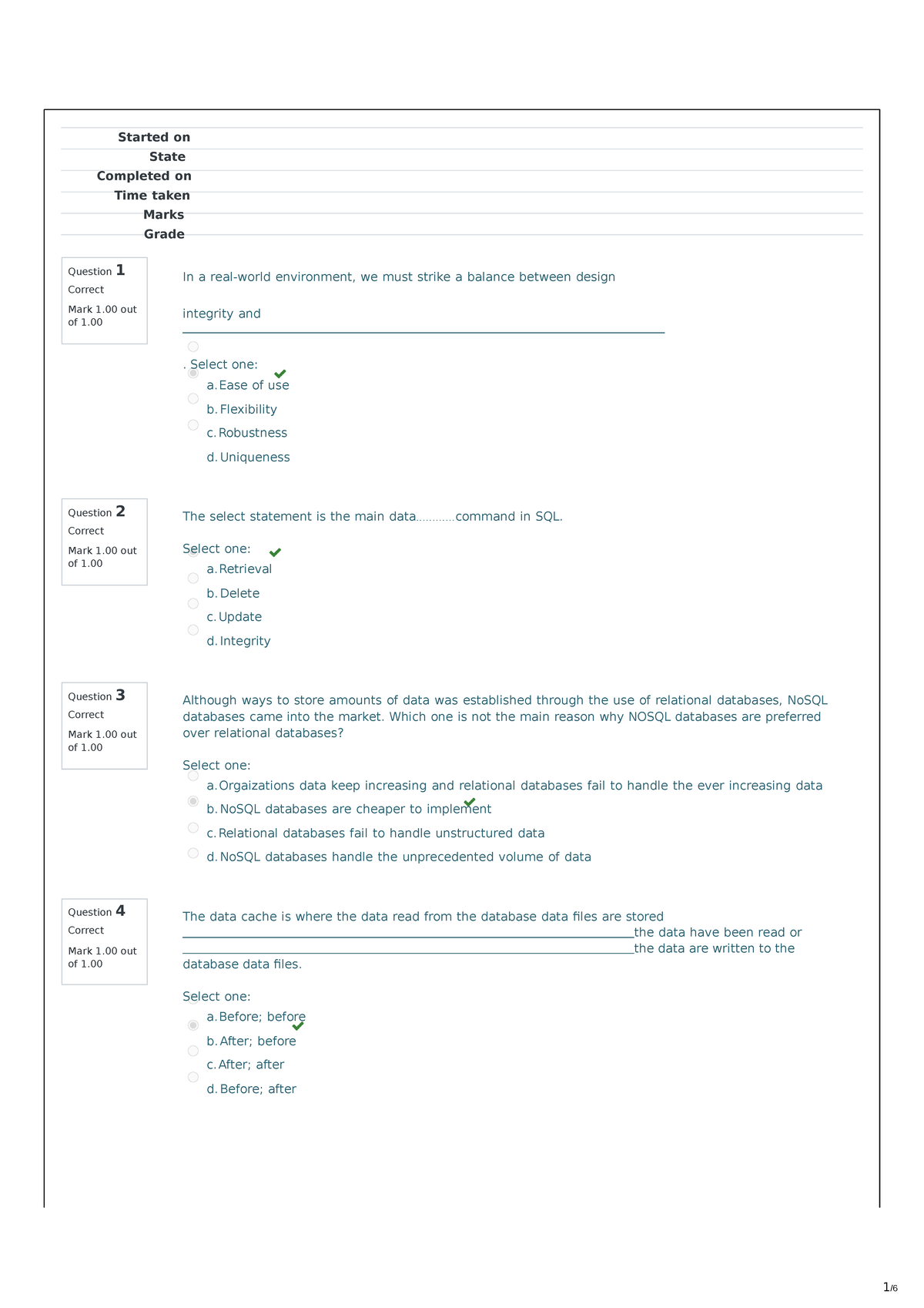 Database Systems 600 - Assignment 3 MCQs - Started on State Completed ...