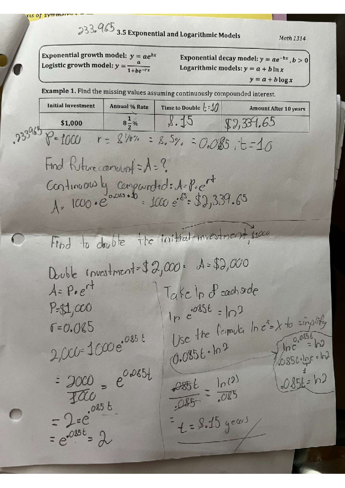 Exponential and Logarithmic models - MATH 1314 - Studocu