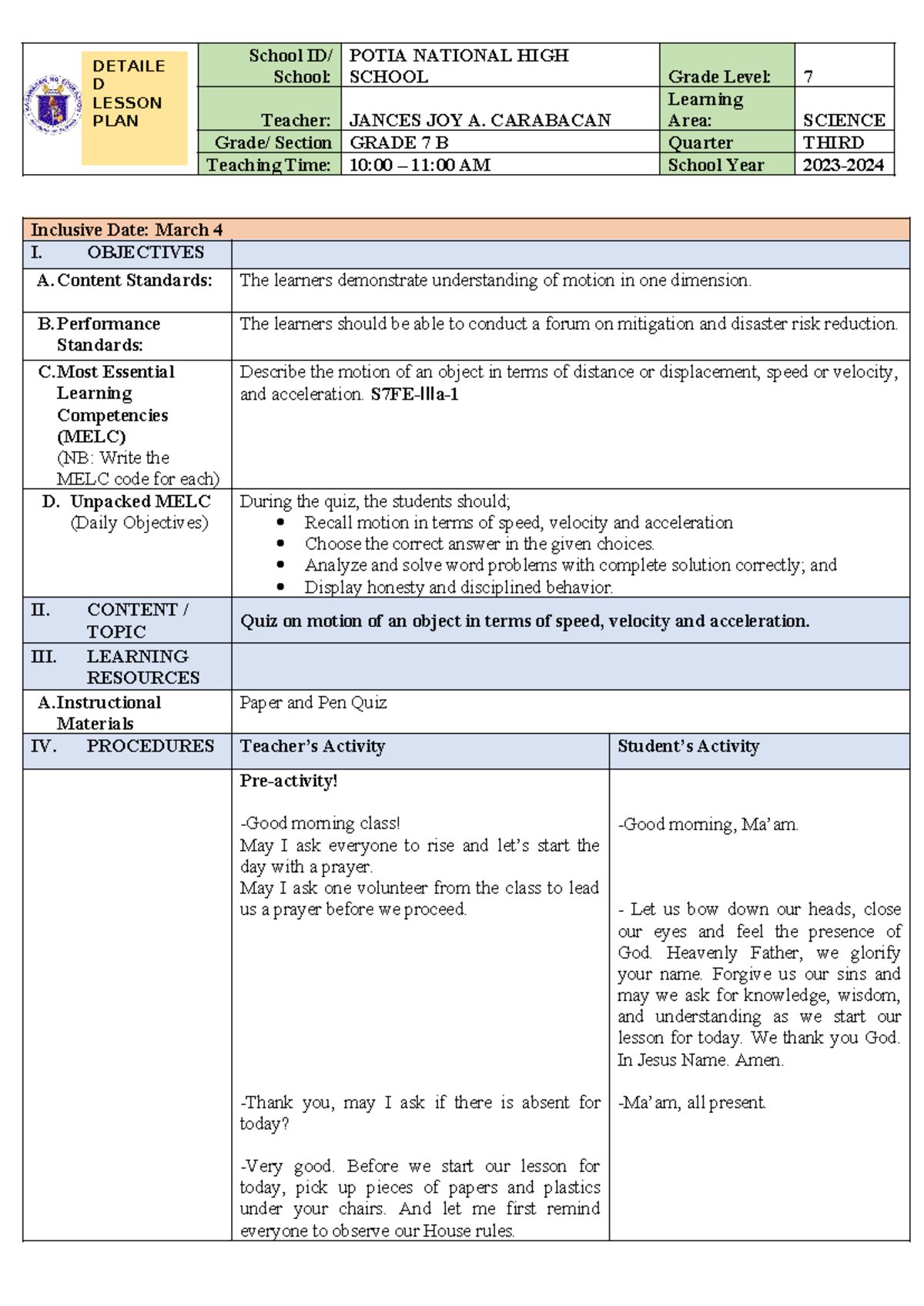 LP Grade 7B Summative QUIZ (2) - School ID/ School: POTIA NATIONAL HIGH ...