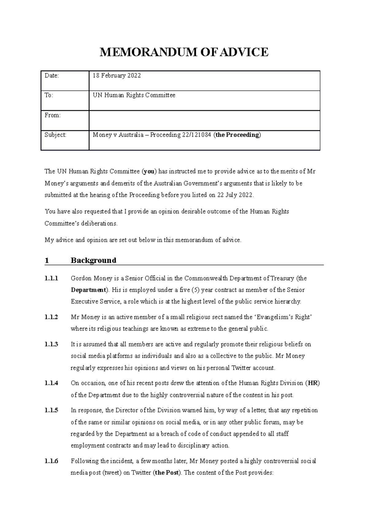 LAWS407 - IHR Law - assignment - MEMORANDUM OF ADVICE Date: 18 February ...