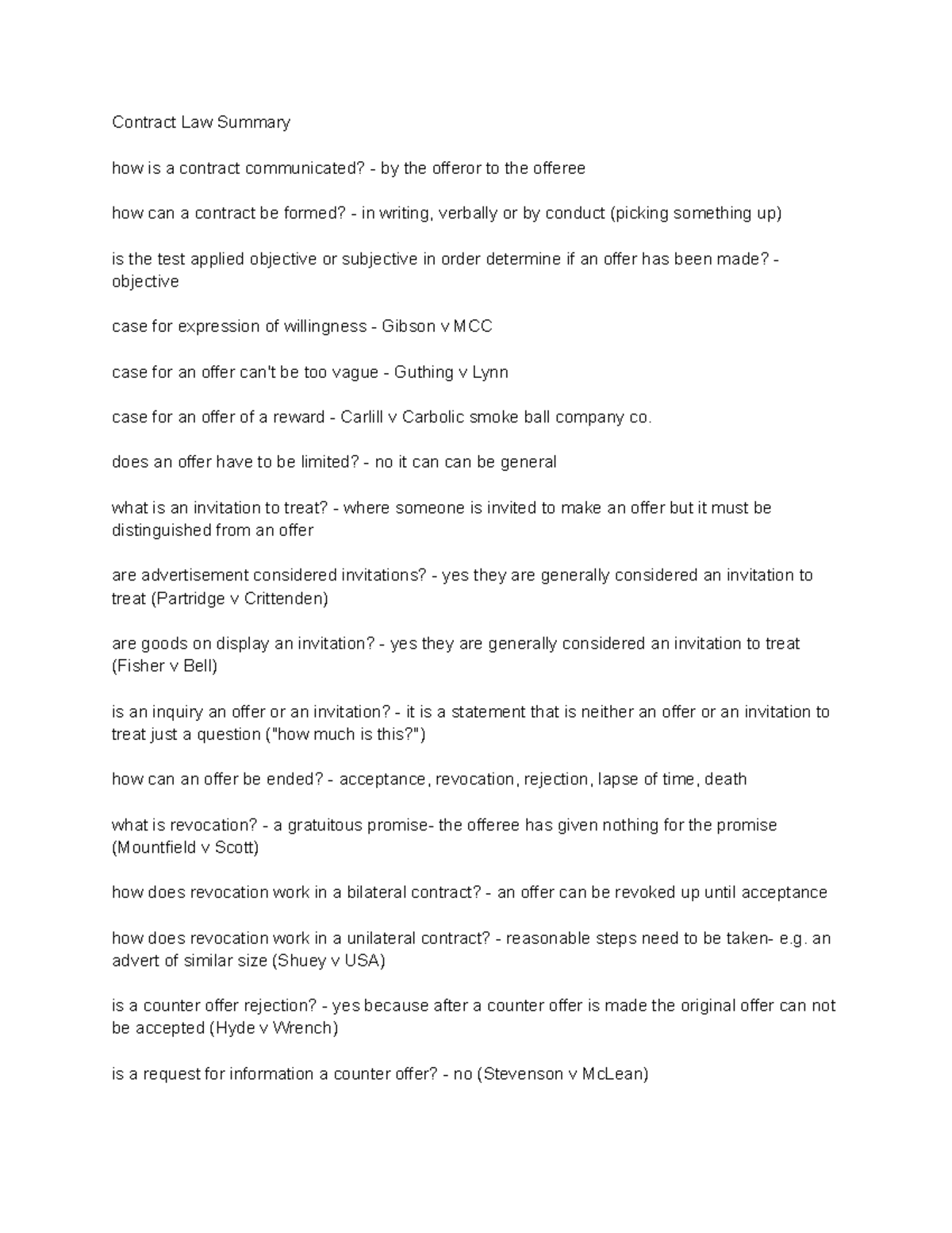 Contract Law Summary - does an offer have to be limited? - no it can ...