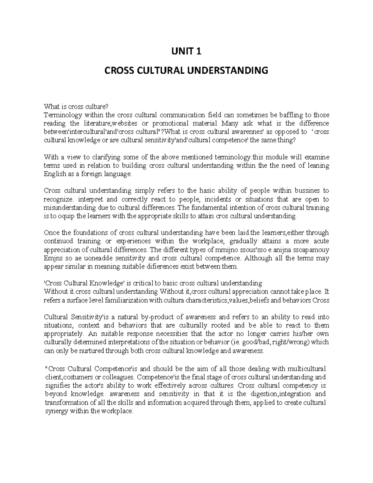 1. CCU Module CCU meeting 2 - UNIT 1 CROSS CULTURAL UNDERSTANDING What ...