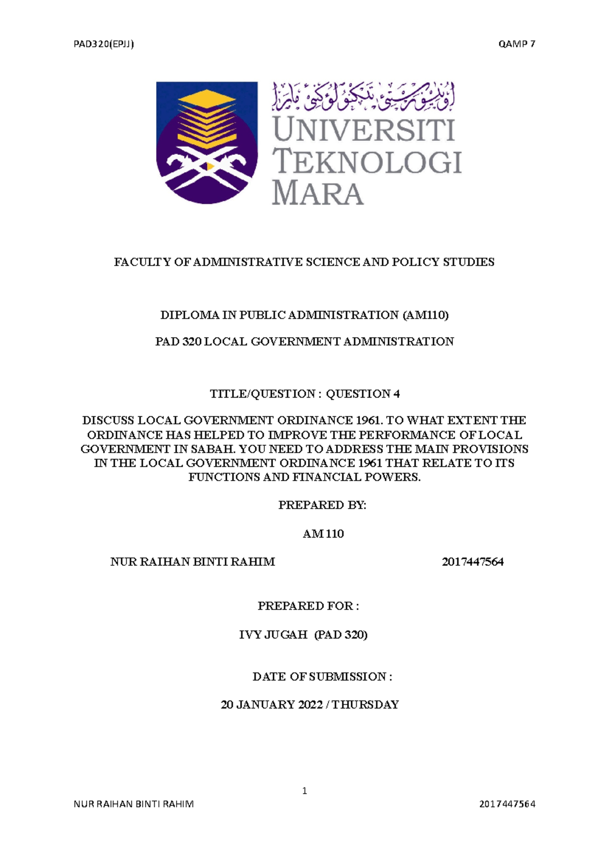 Assignment 1 PAD320 (written assignment) - FACULTY OF ADMINISTRATIVE ...