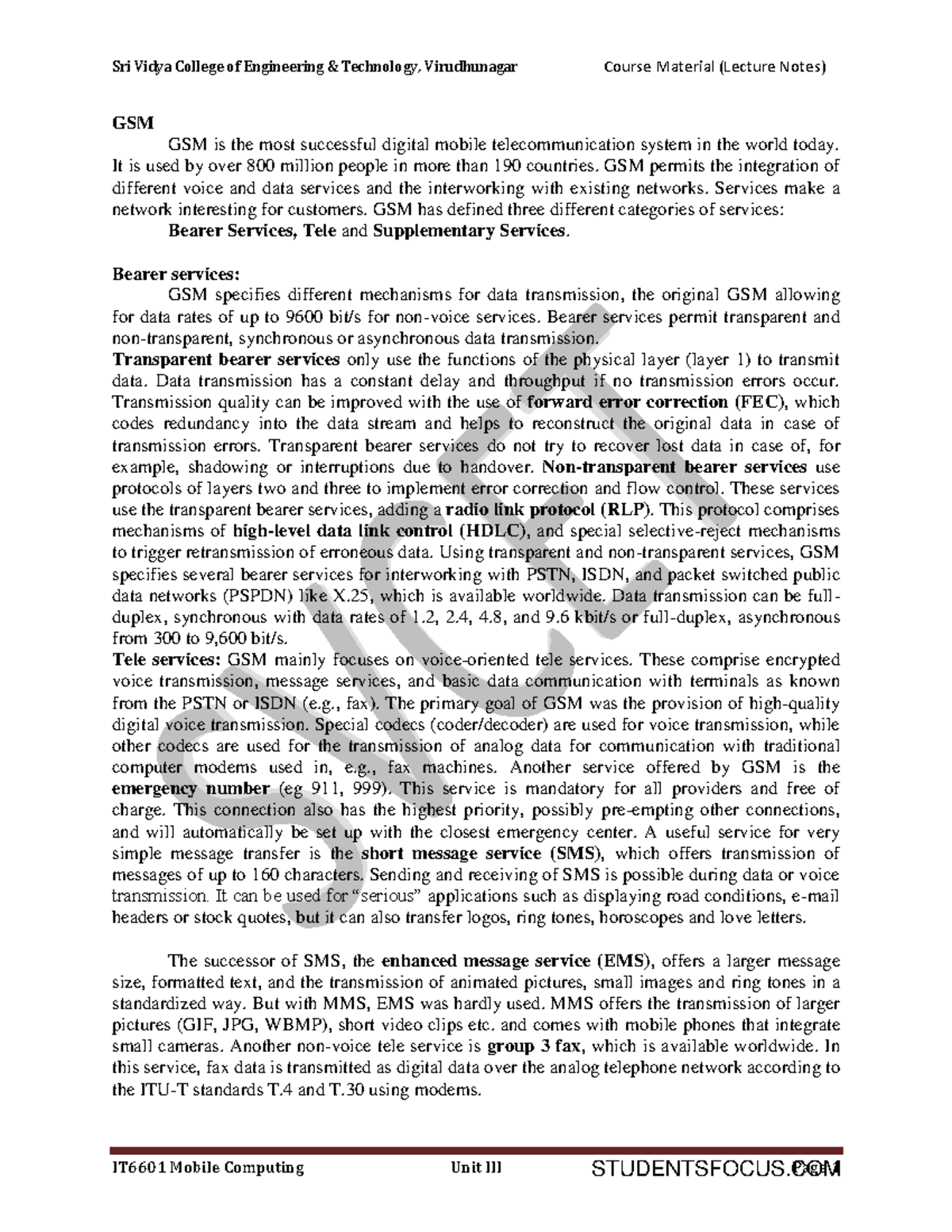 104623 - 3 unit - IT6601 Mobile Computing Unit III Page 1 GSM GSM is ...