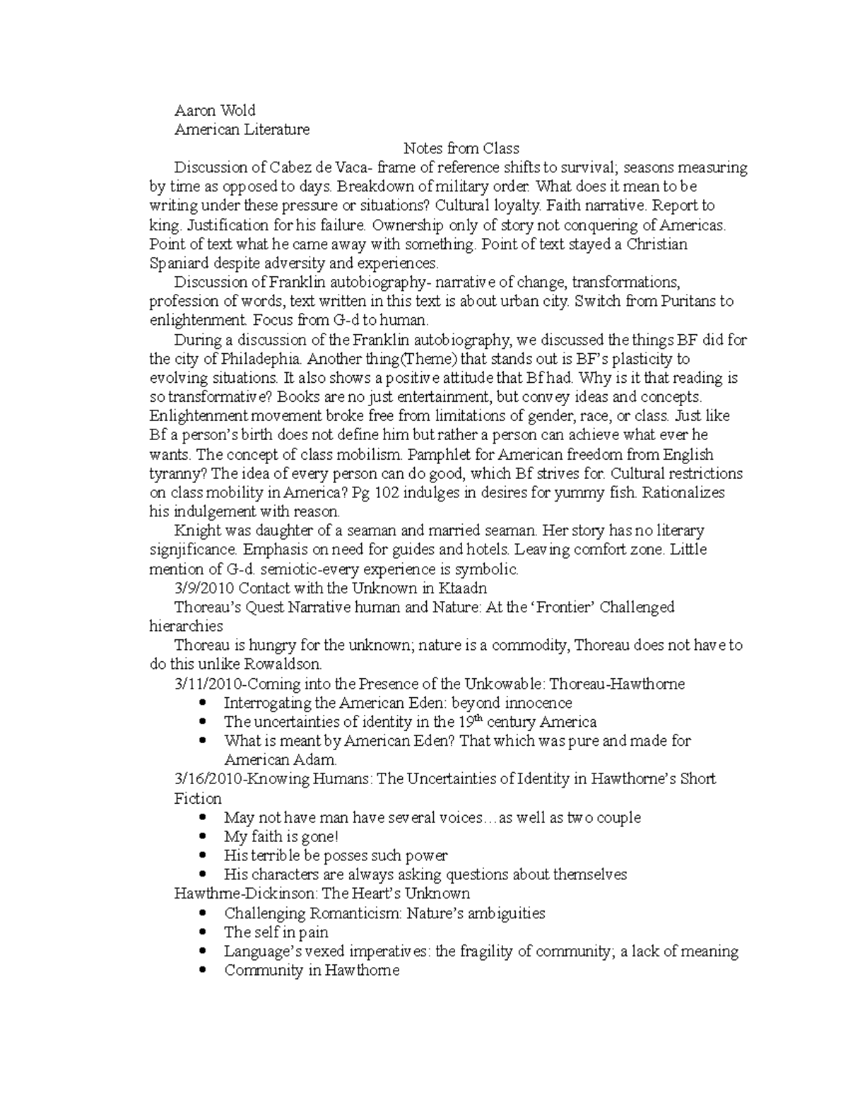 Notes from year - Aaron Wold American Literature Notes from Class ...