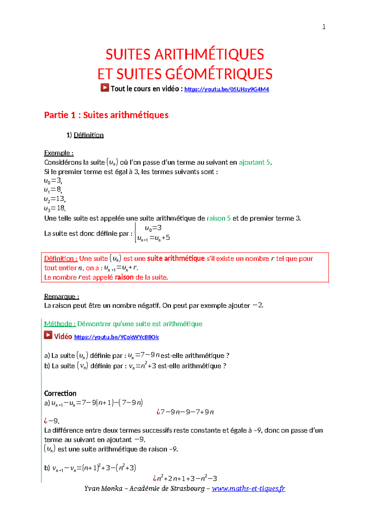 Suites.......... - SUITES ARITHMÉTIQUES ET SUITES GÉOMÉTRIQUES Tout le ...