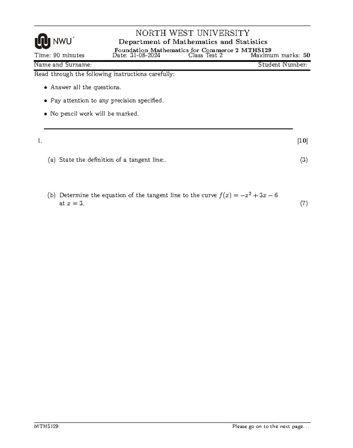 MTHS129 Class Test 2 - Foundation Mathematics for Commerce 2 MTHS129 ...