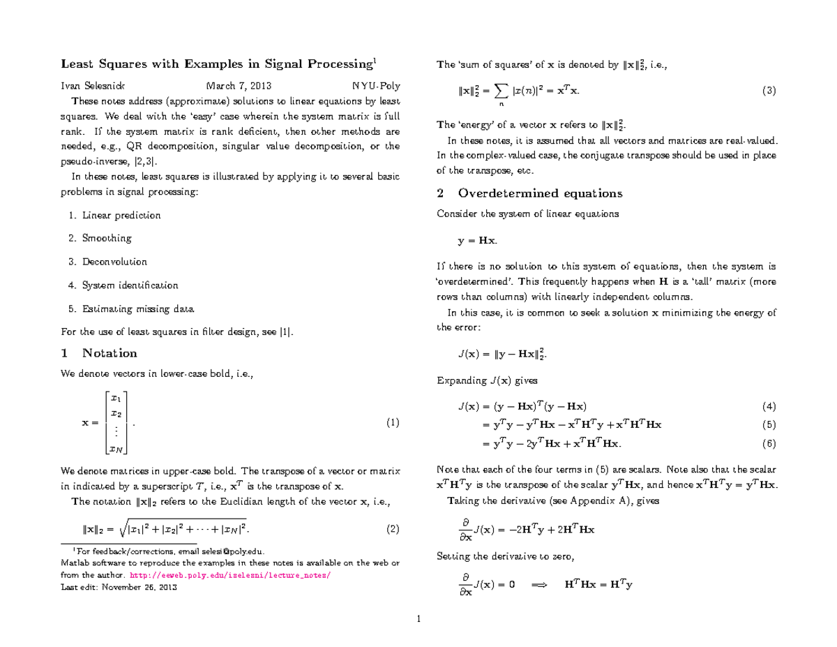 Least squares SP - sowmya - Least Squares with Examples in Signal Processing 1 Ivan Selesnick ...