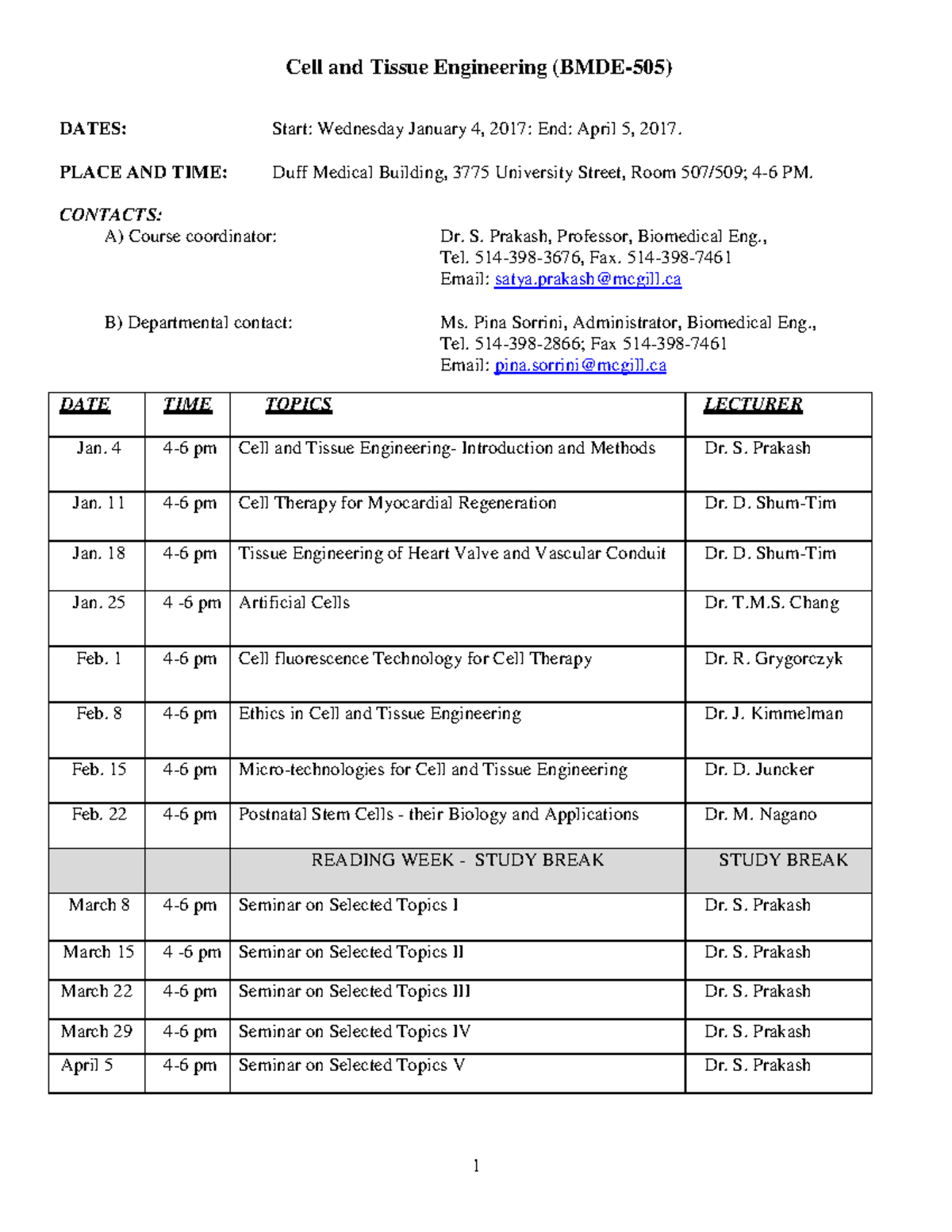 BMDE 505 Course Outline - Bmde 505 - McGill - Studocu