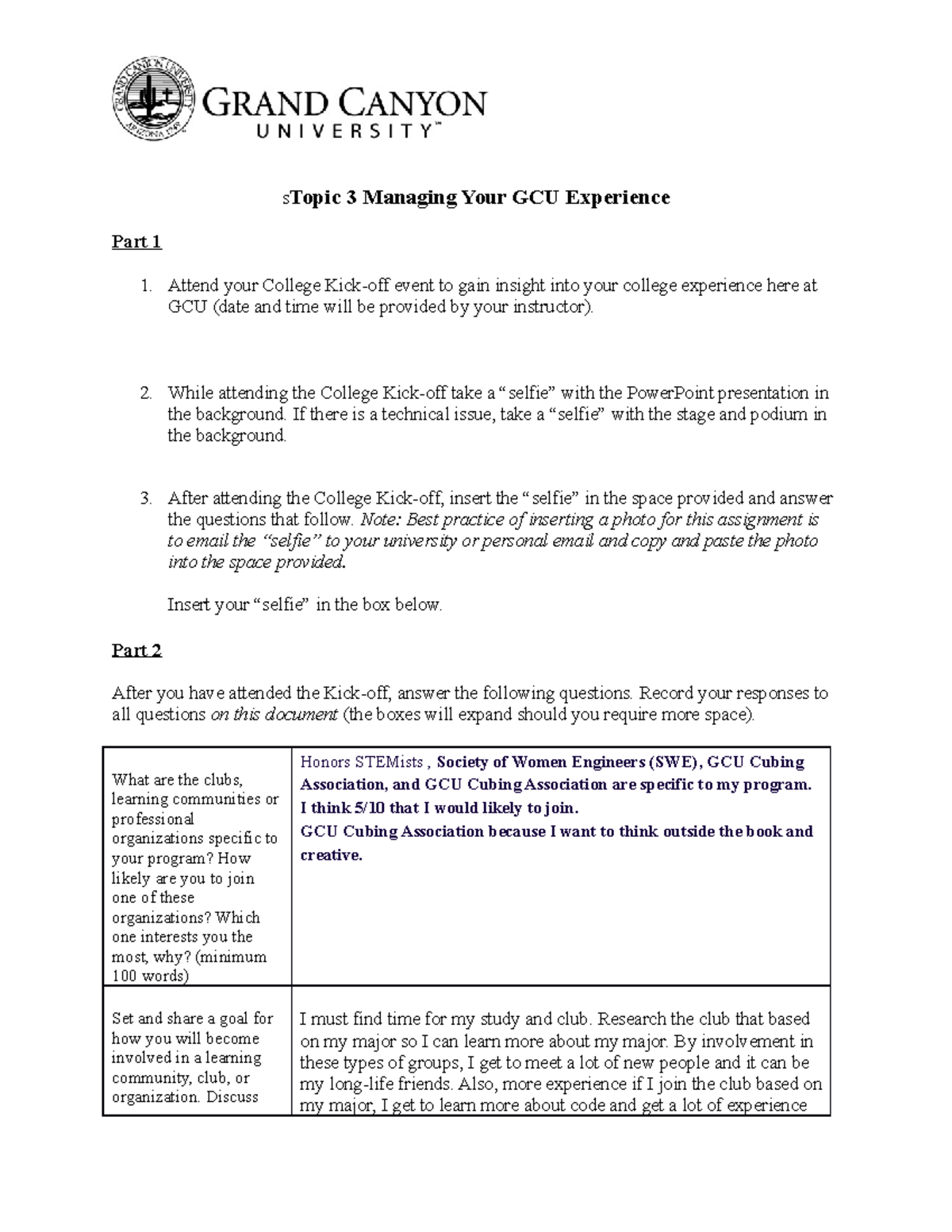 UNV-103 T3 Your GCU Experience TO - s Topic 3 Managing Your GCU ...