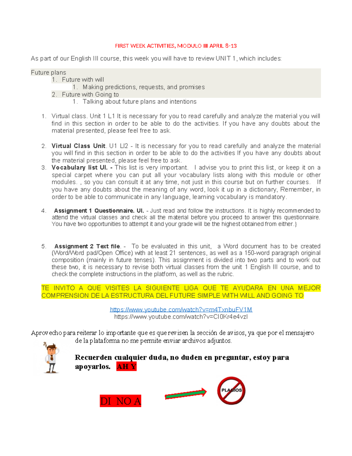 First WEEK Activities Modulo III - FIRST WEEK ACTIVITIES, MODULO III ...