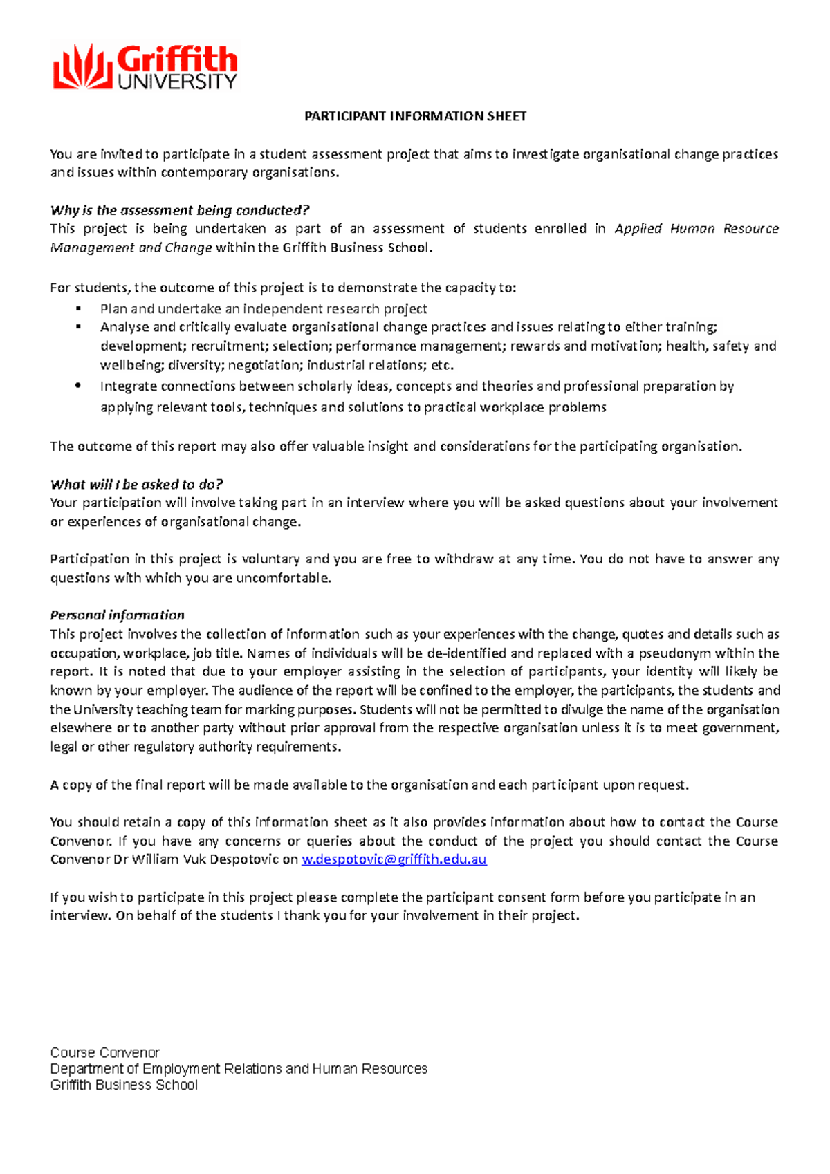 Industry Report Information Sheet and Consent Form - PARTICIPANT ...