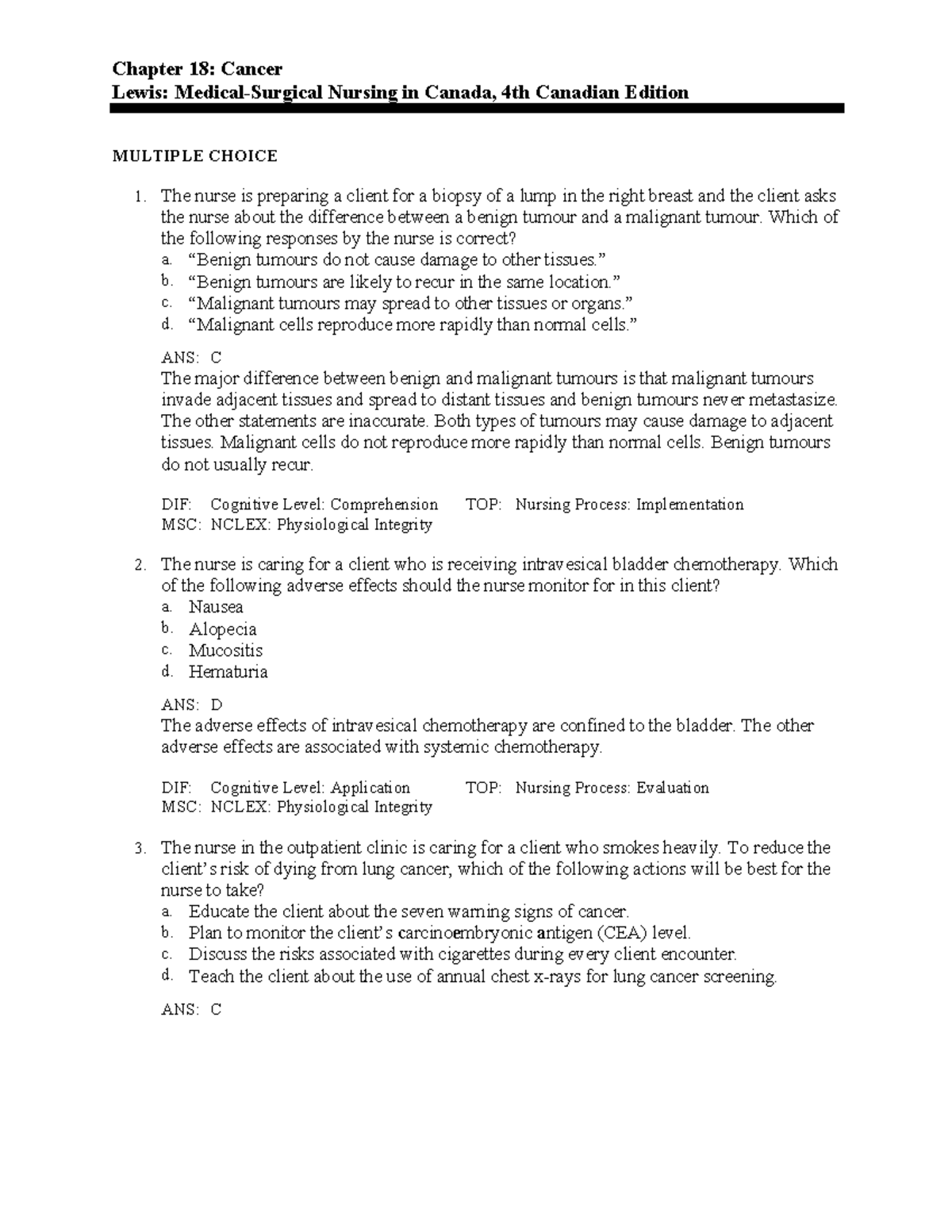 Medsurg chapter 18 - Chapter 18: Cancer Lewis: Medical-Surgical Nursing ...
