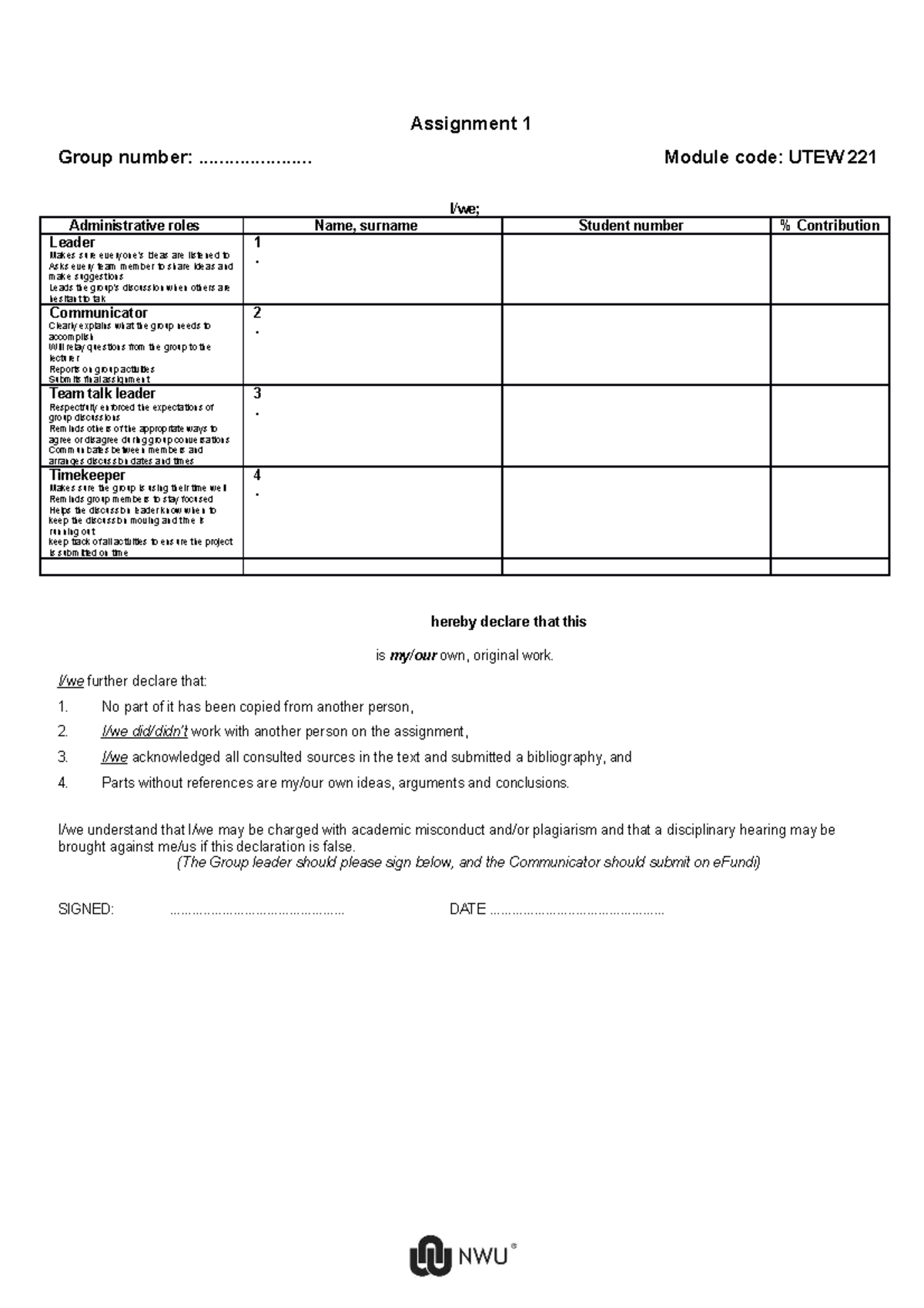 UTEW 221 - Cover page - Voorblad - Assignment 1, Opdrag 1 - Assignment ...