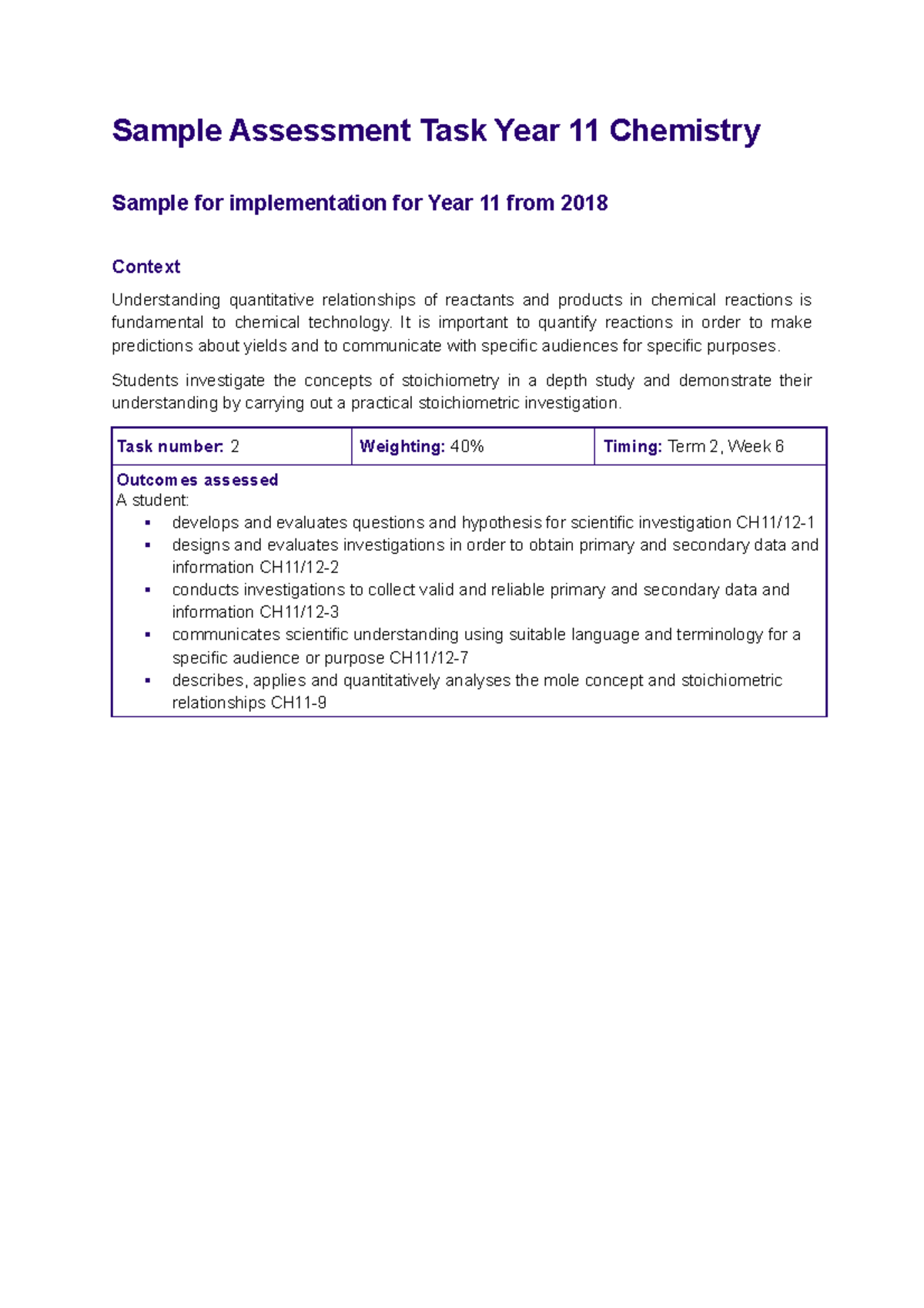Chemistry stage 6 year 11 sample assessment task quantitative chemistry ...