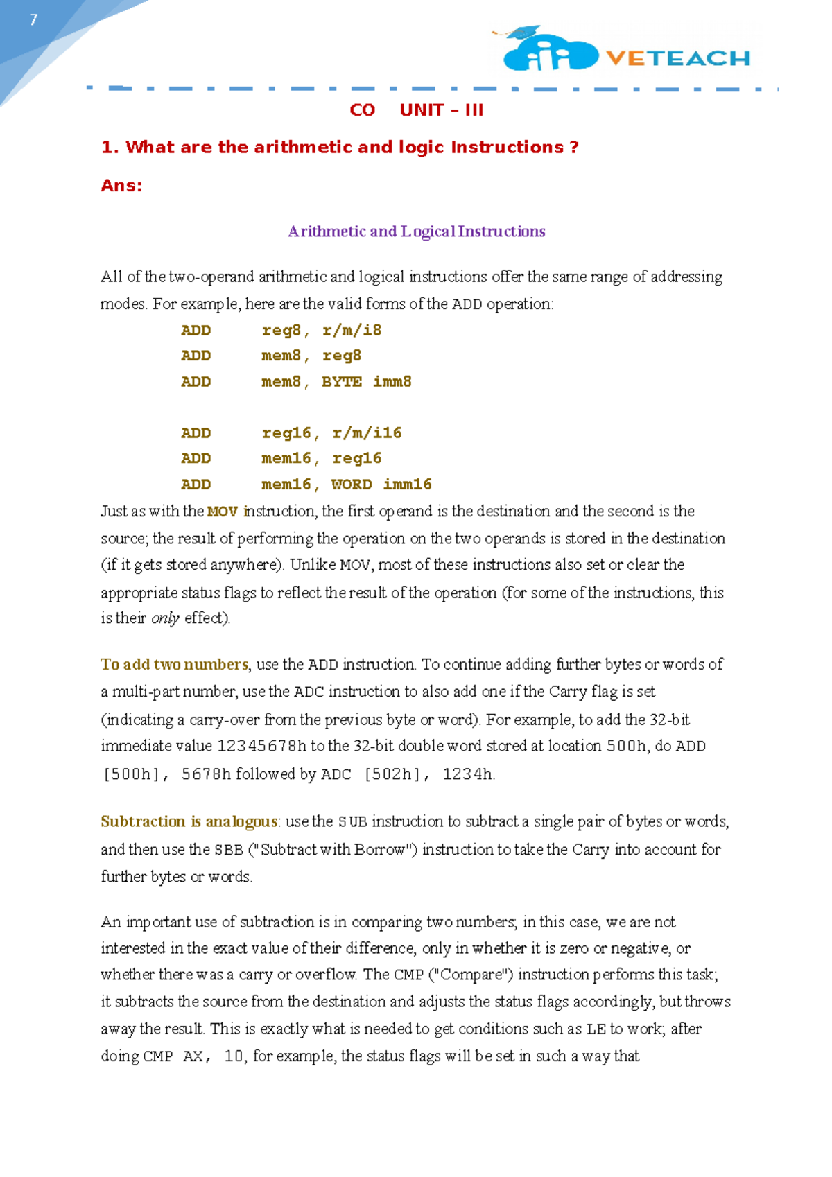 K R 16 UNIT-III ( Srinadh) - CO UNIT – III What are the arithmetic and ...