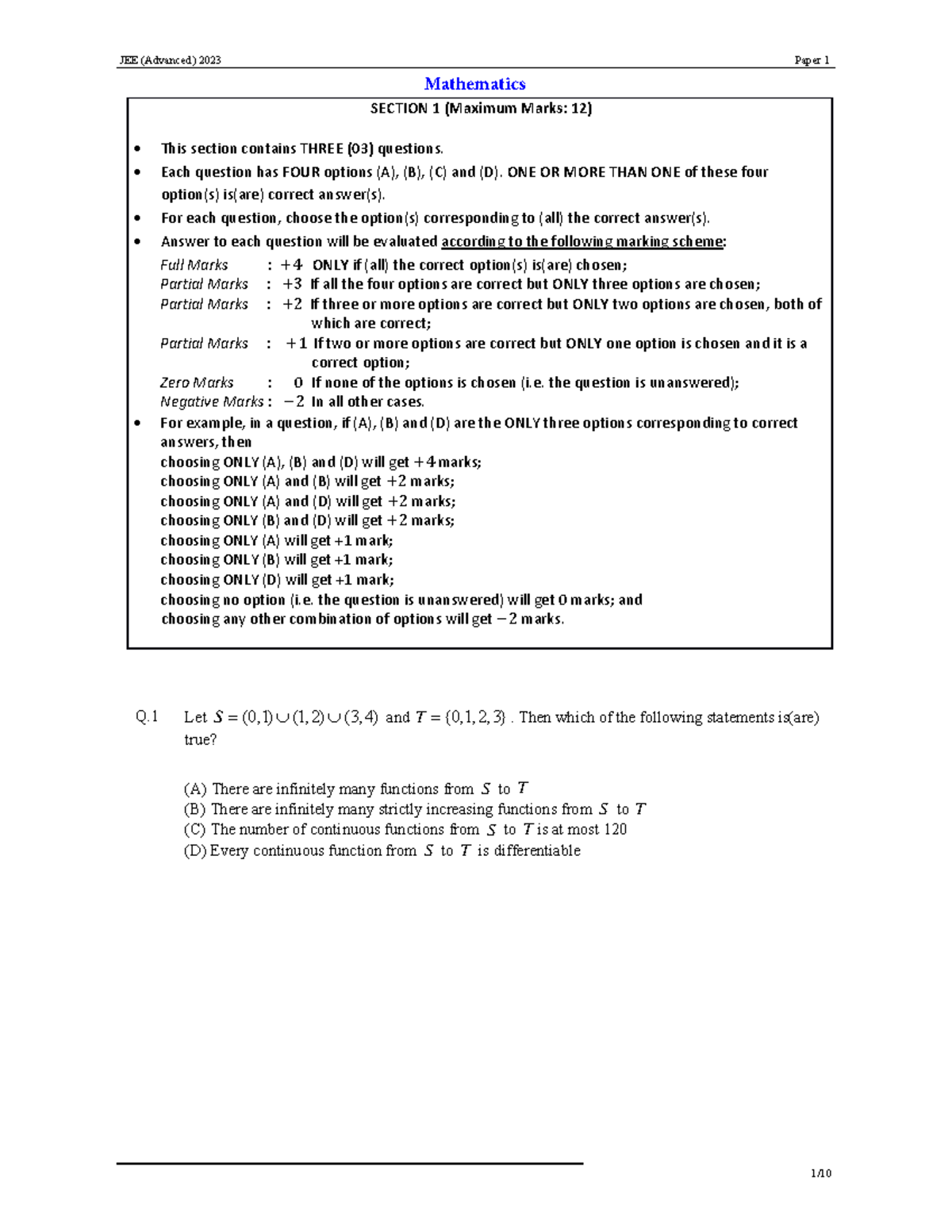 JEEAdv 2023 Paper 1 - Bvhk - ####### SECTION 1 (Maximum Marks: 12 ...