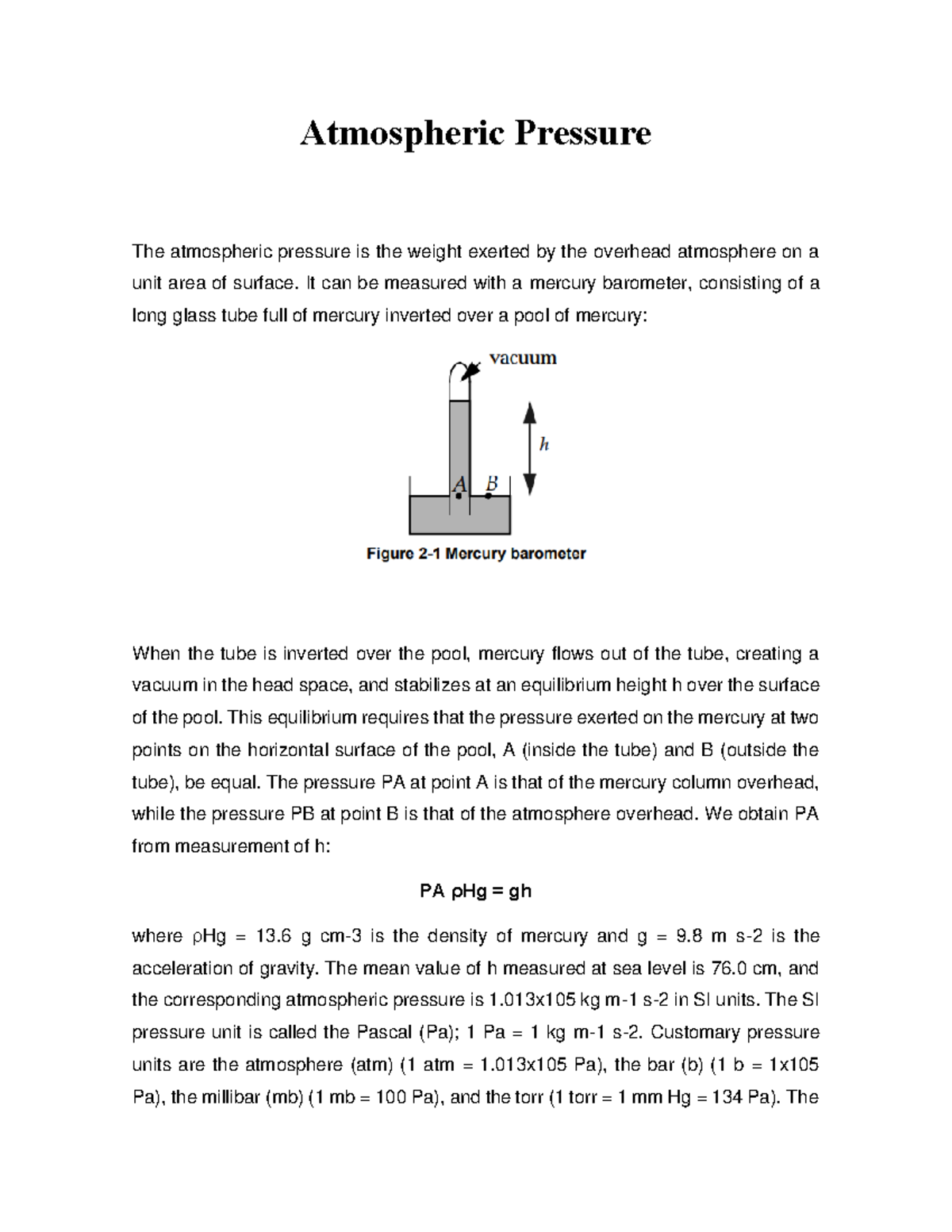 Atmosphere - resumen - Atmospheric Pressure The atmospheric pressure is ...