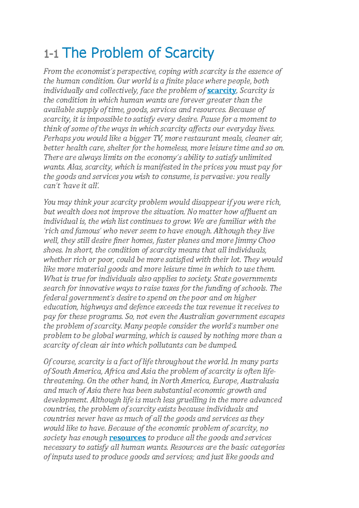 Econs - lecture notes - 1 - 1 The Problem of Scarcity From the ...