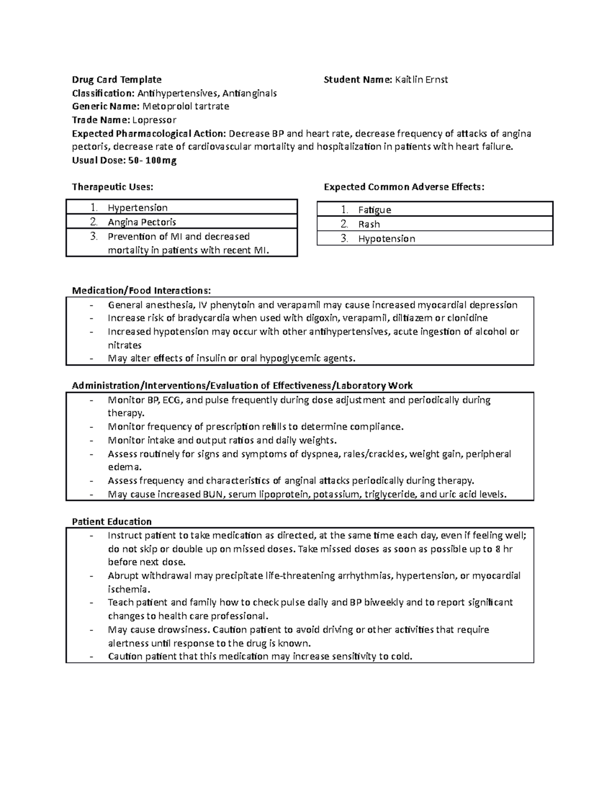 Metoprolol template - Drug Card Template Student Name: Kaitlin Ernst ...