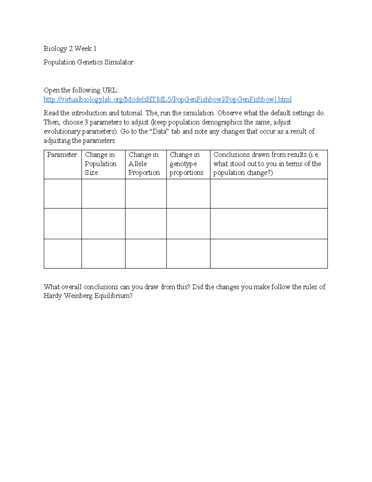 Activity 1 Worksheet 1 - bio - Biology 2 Week 1 Population Genetics ...