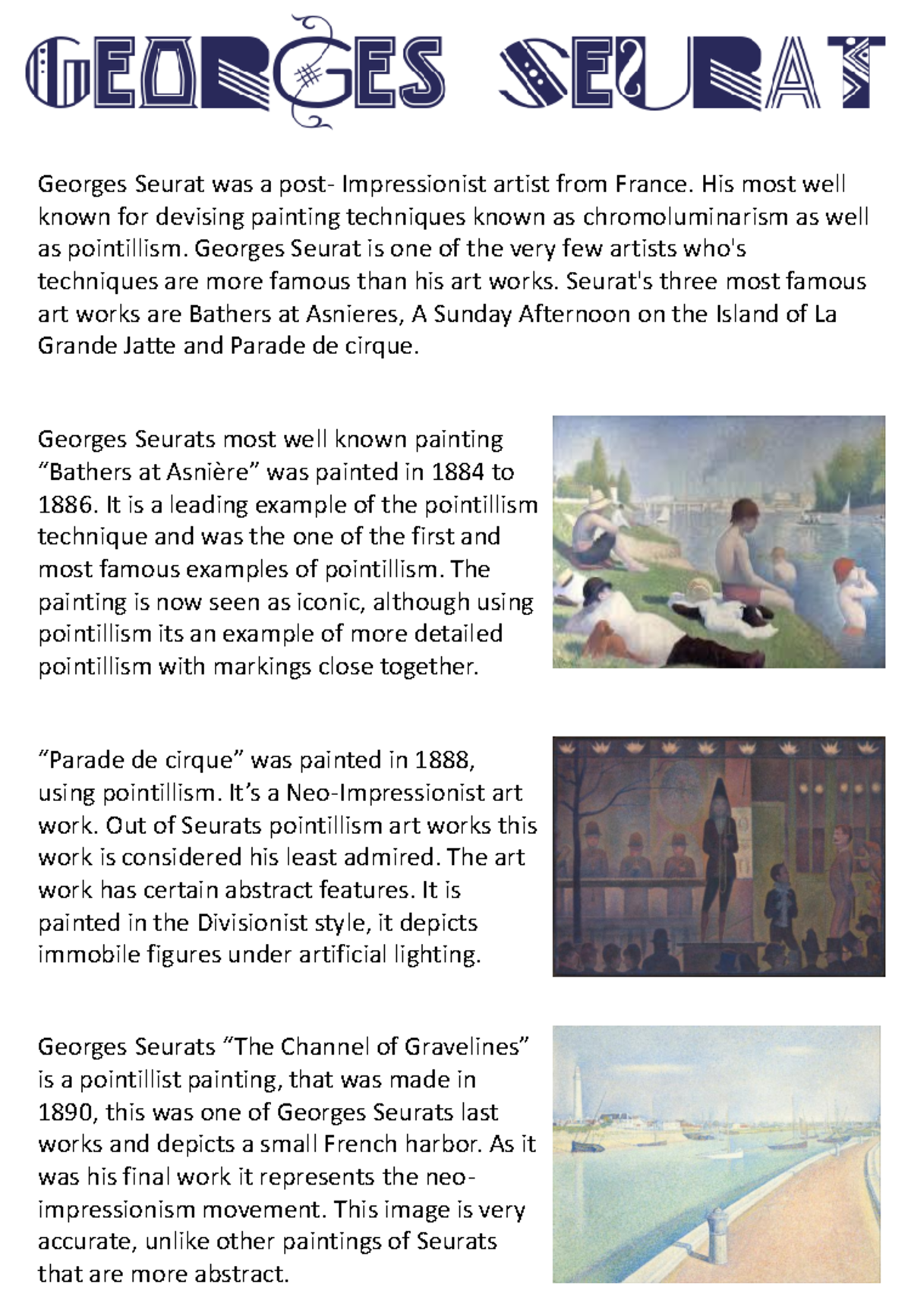 Pointism Research - Georges Seurat was a post- Impressionist artist ...