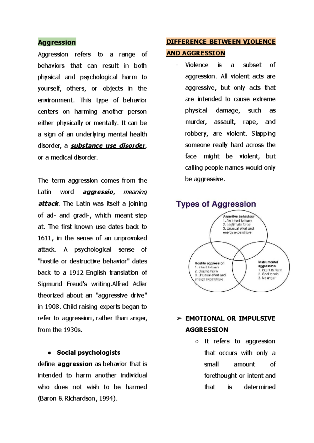 PSYC14 Aggression - Aggression Aggression refers to a range of ...