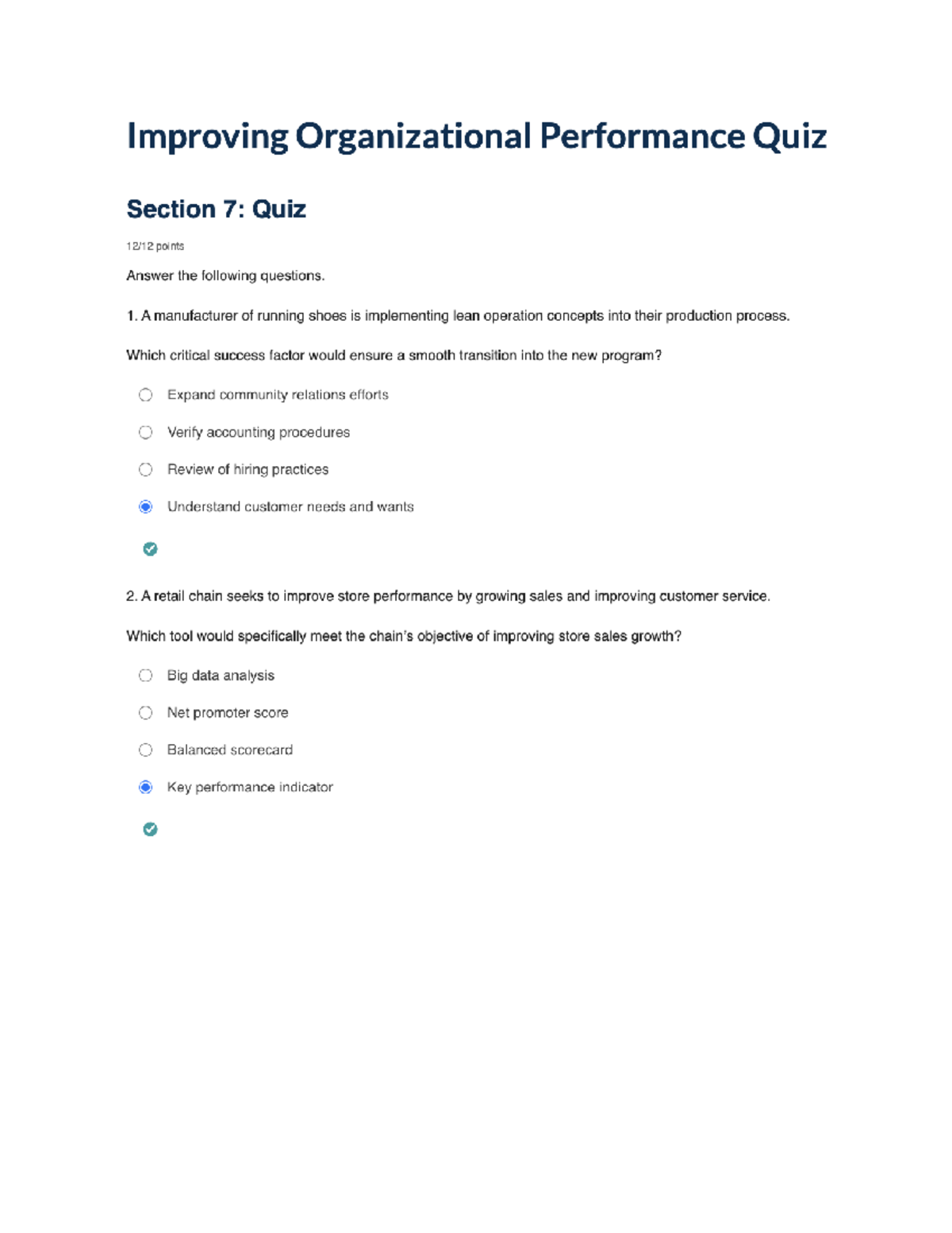 C207 Section 7 Improving Organizational Performance Quiz - C207 - Studocu