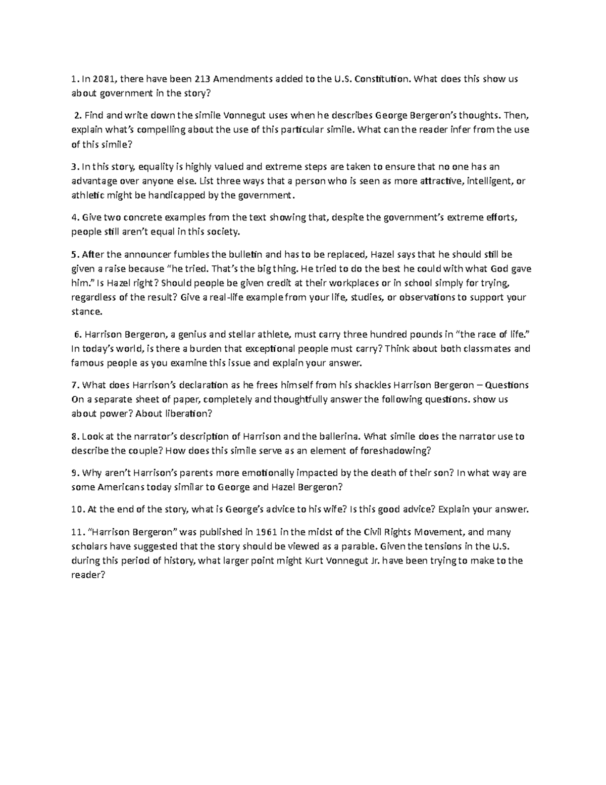 Harrison+Bergeron+Questions For you and others - In 2081, there have ...