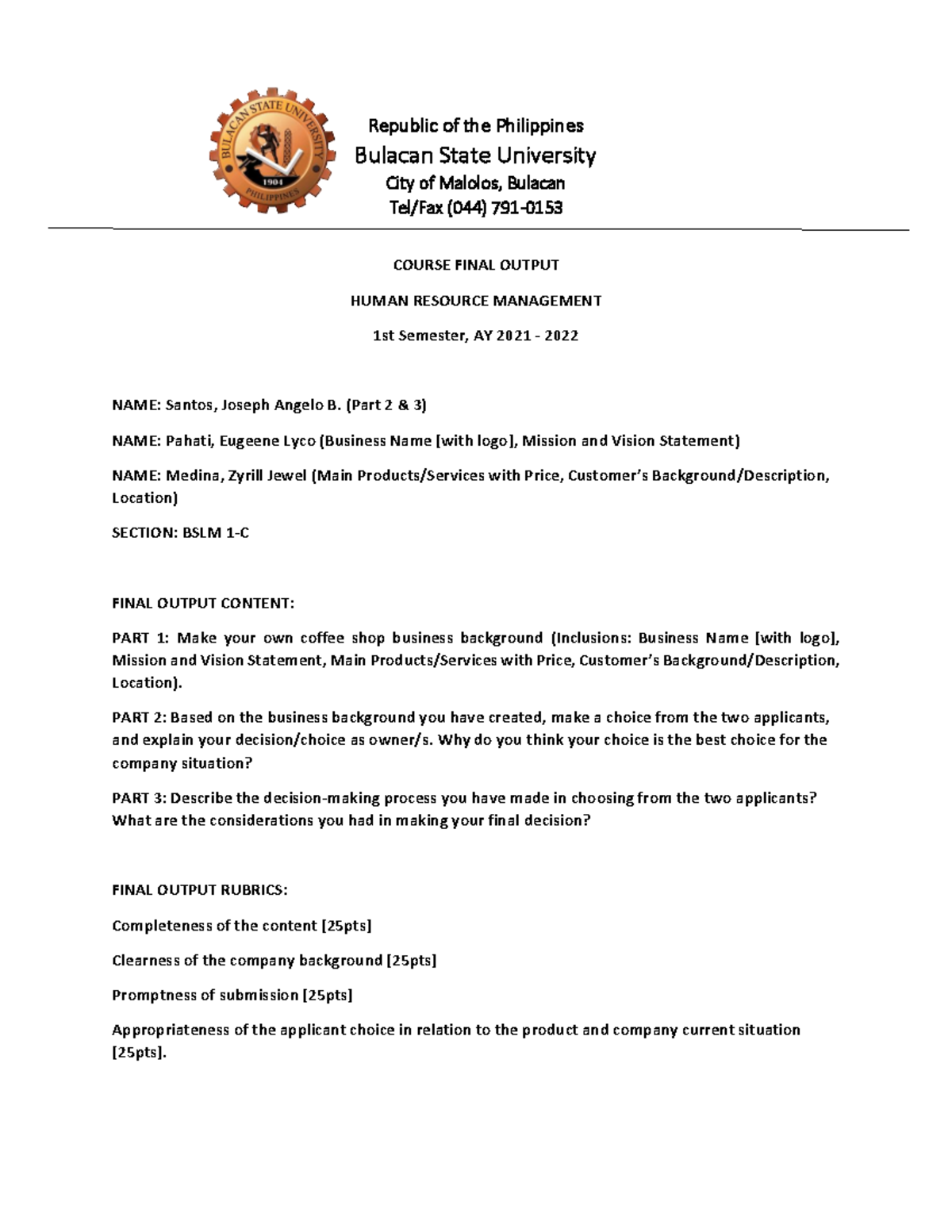 HRM Final Output - Republic of the Philippines Bulacan State University ...