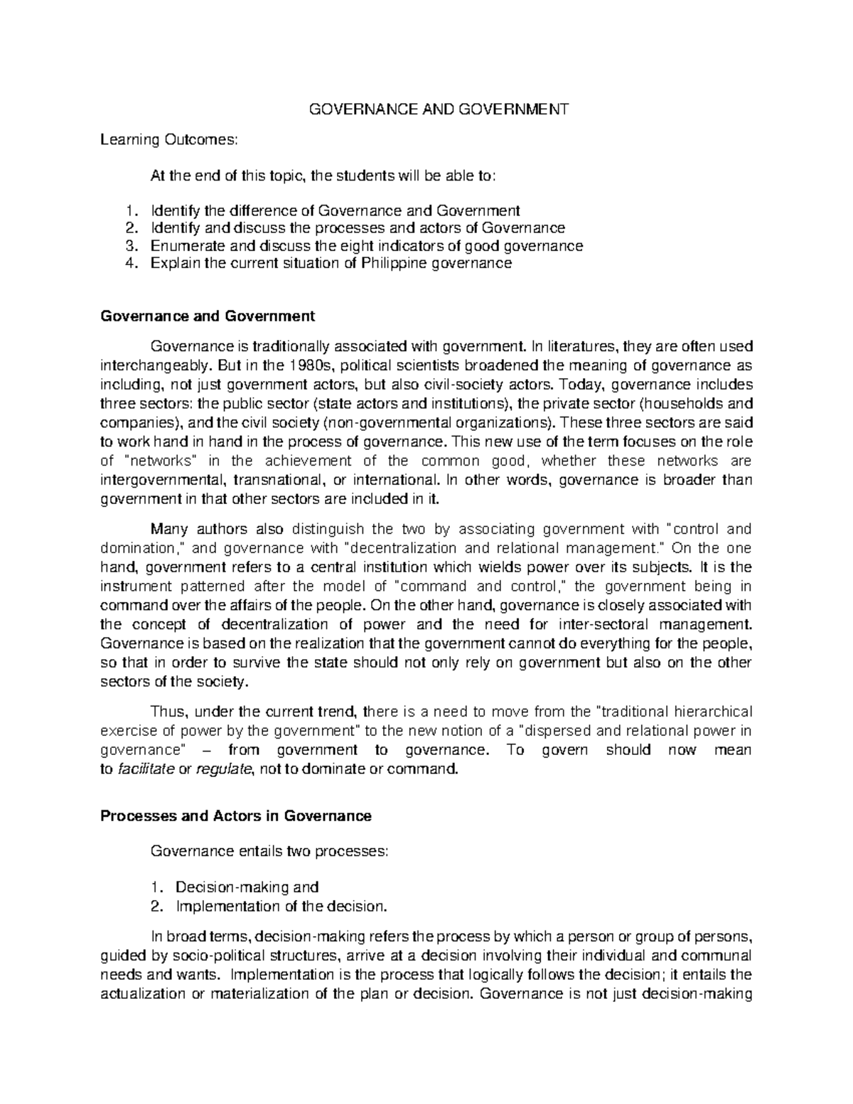 Governance AND Government - GOVERNANCE AND GOVERNMENT Learning Outcomes ...