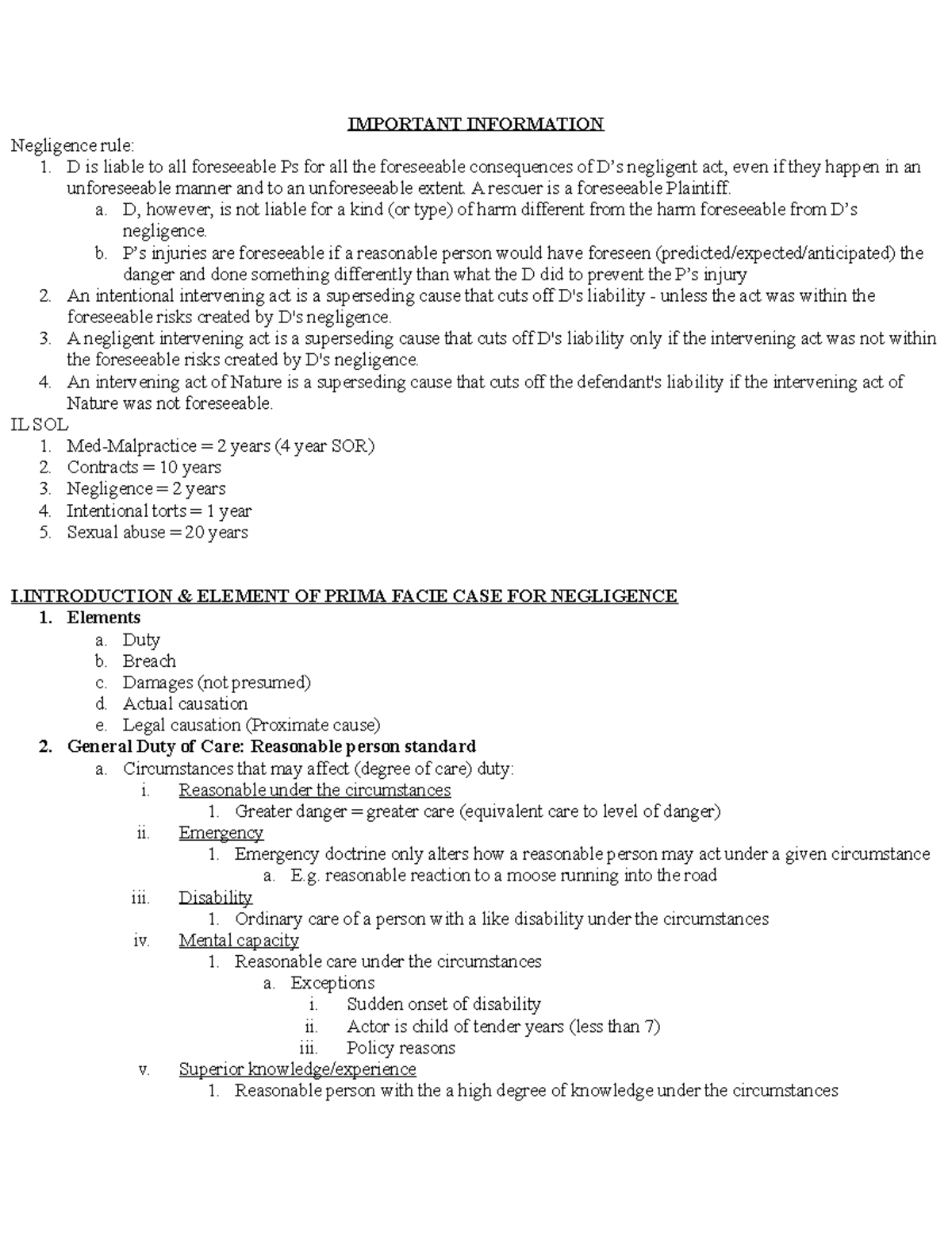 Negligence Outline Final (2)[59] - IMPORTANT INFORMATION Negligence ...