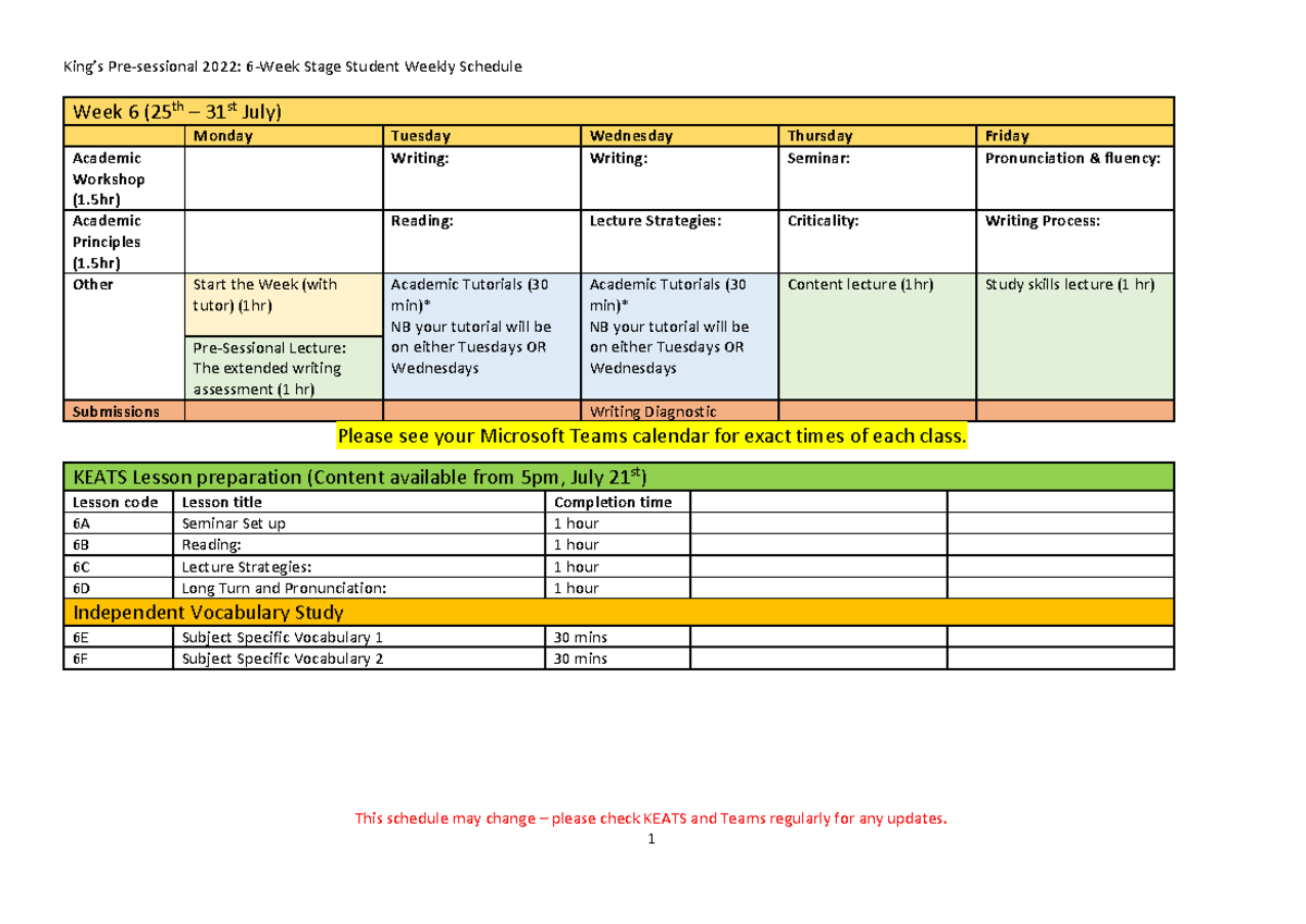 6wk Student Weekly Schedule Basic - This schedule may change – please ...