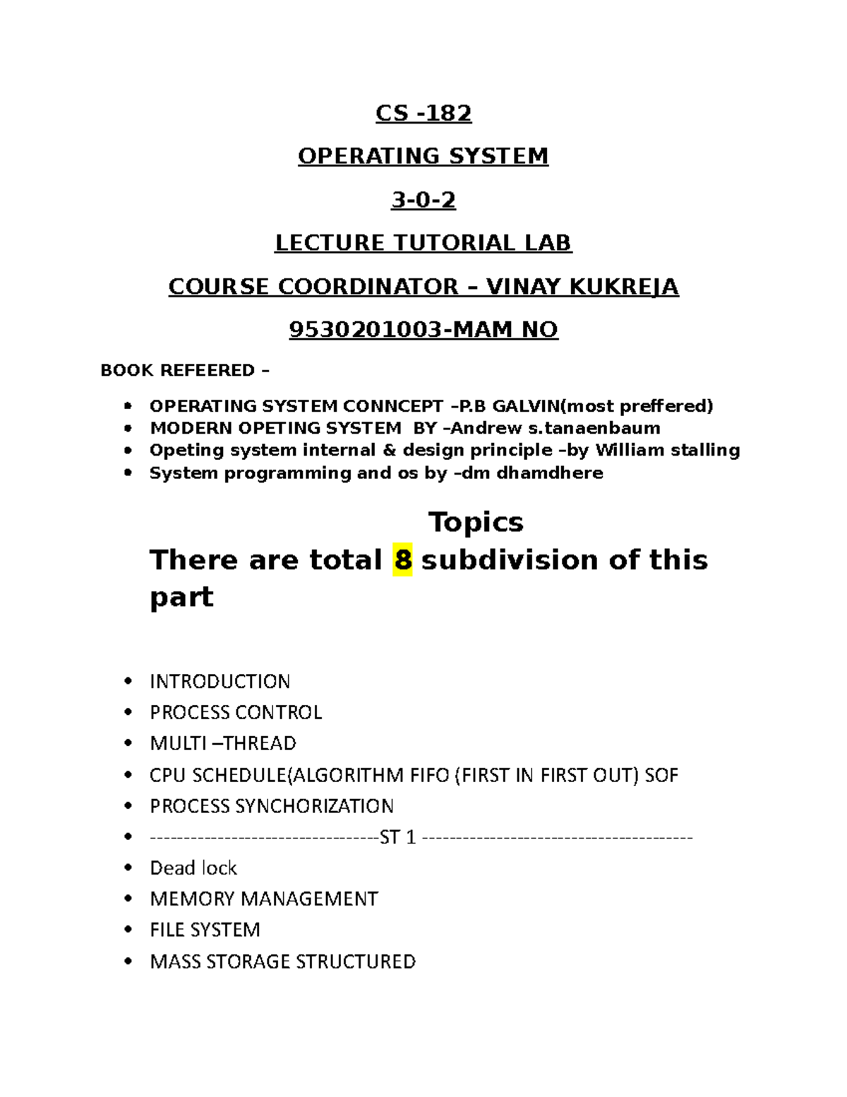 MY Notes OF Today Class - CS - OPERATING SYSTEM 3-0- LECTURE TUTORIAL ...