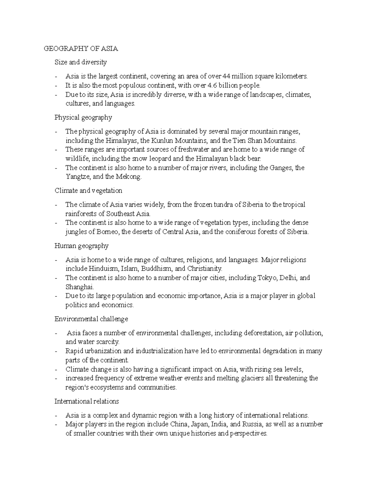 Geography OF ASIA Notes 1 - GEOGRAPHY OF ASIA Size and diversity Asia ...