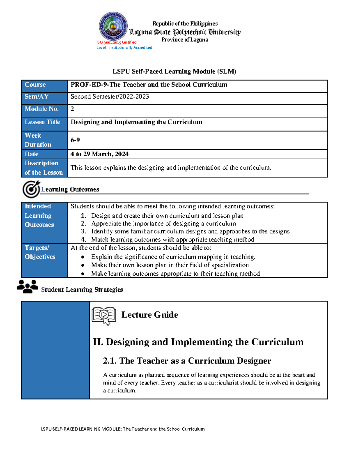 Module 2 THE Teacher AND THE School Curriculum - ISO 9001:2015 ...