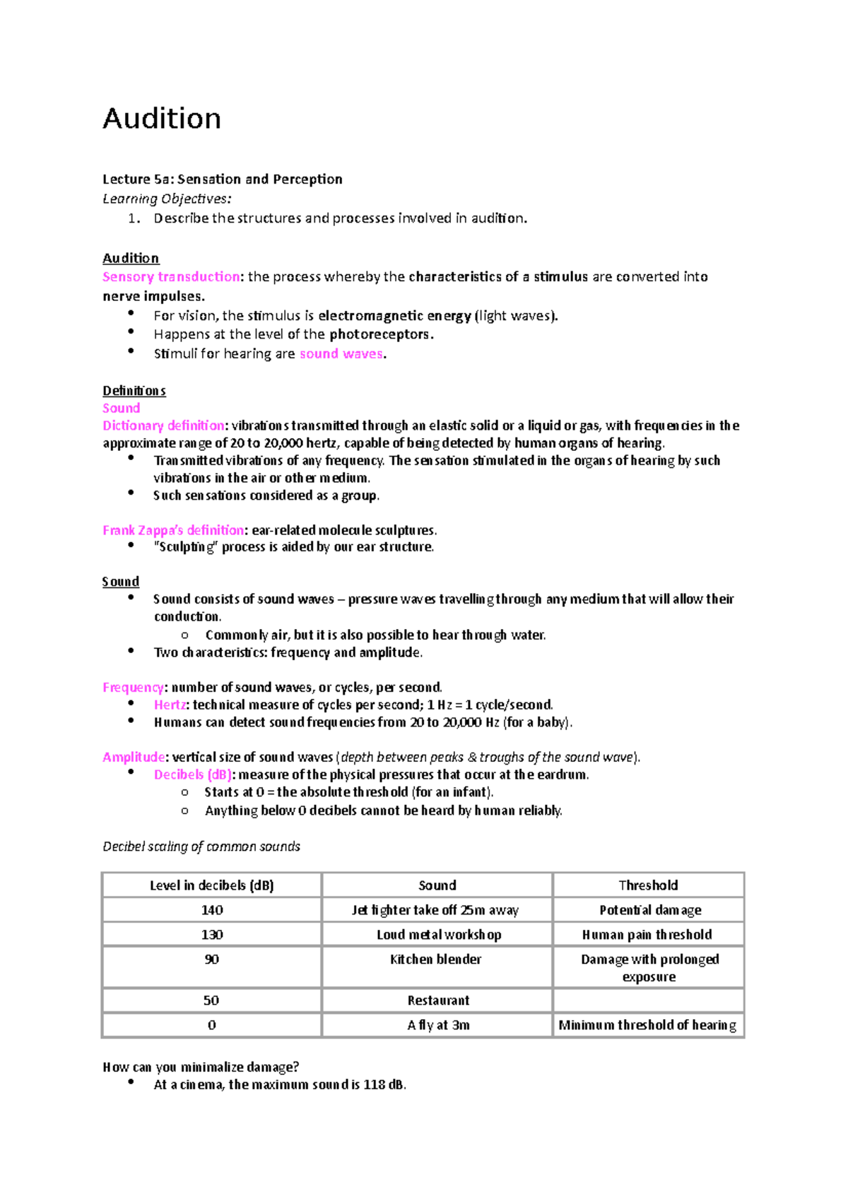 Audition - Mind and Behaviour Lecture Notes - Audition Lecture 5a ...