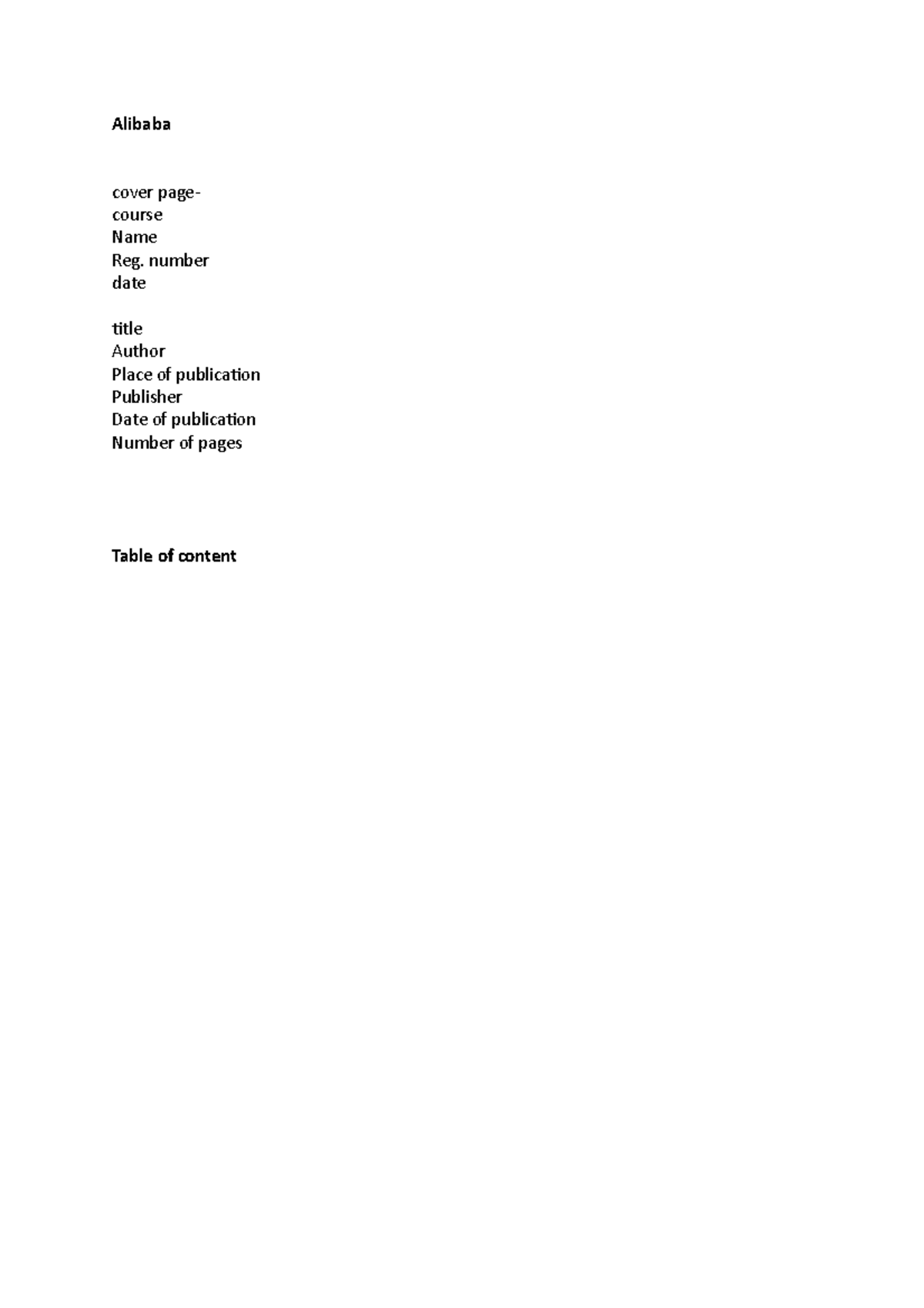 Alibaba - Grade: 68% + - Alibaba cover page- course Name Reg. number ...