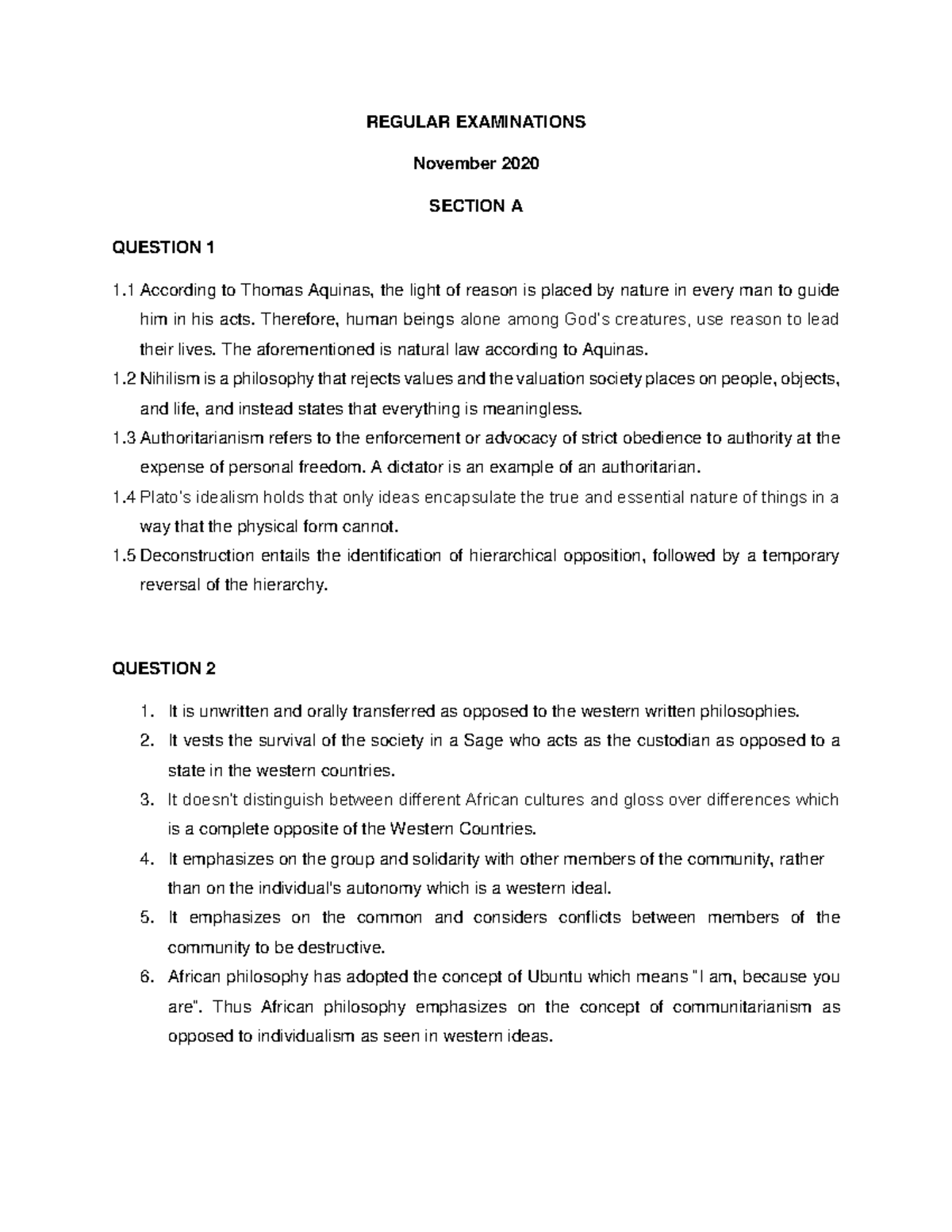 Regular Examinations MEMO - REGULAR EXAMINATIONS November 2020 SECTION ...