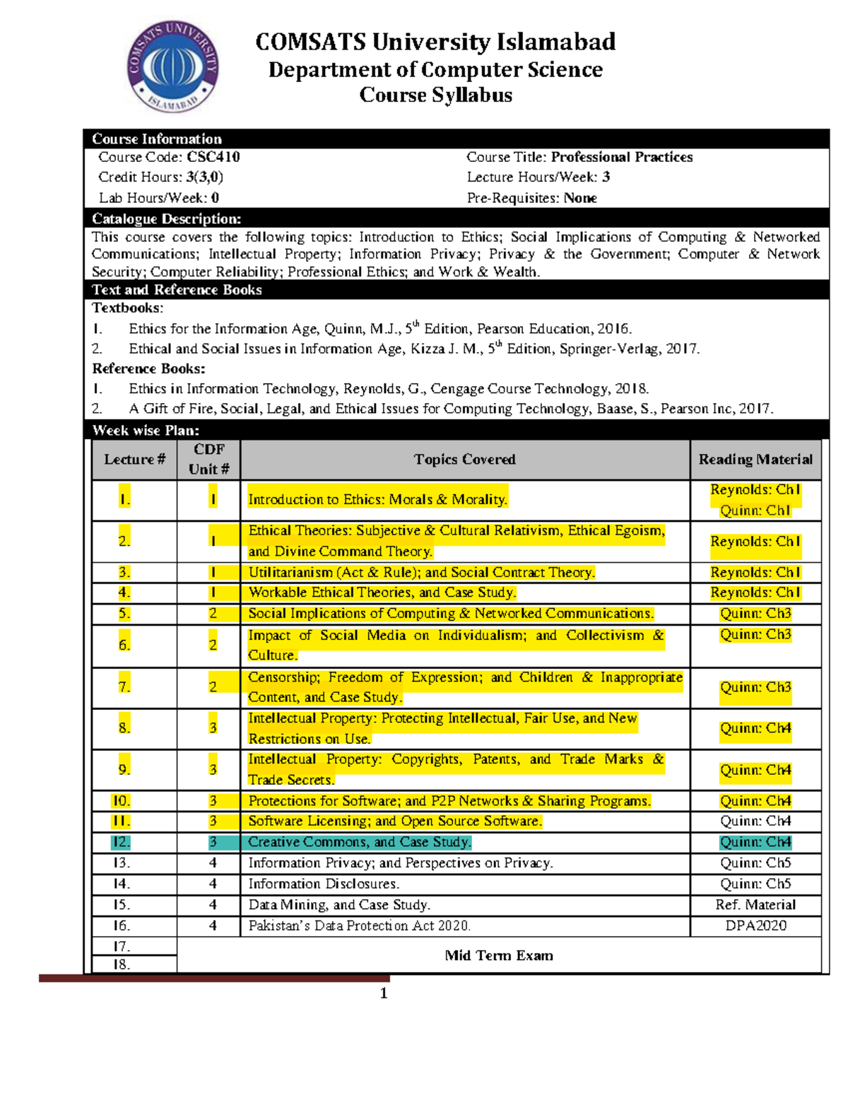 CSC410 PP Syllabus V3 - CDF - 1 Course Information Course Code: CSC410 ...