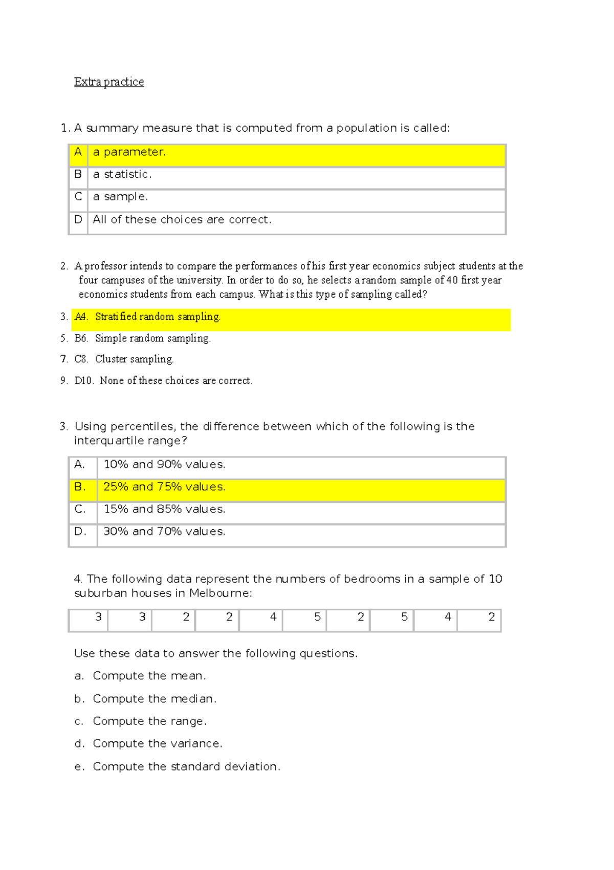 Answers and Extra practice for statistics - Descriptive Statistics ...