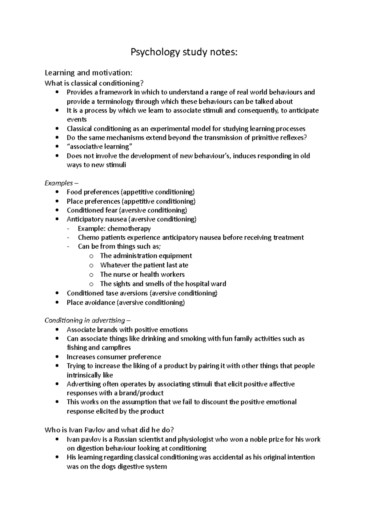 Psychology study notes - Psychology study notes: Learning and ...