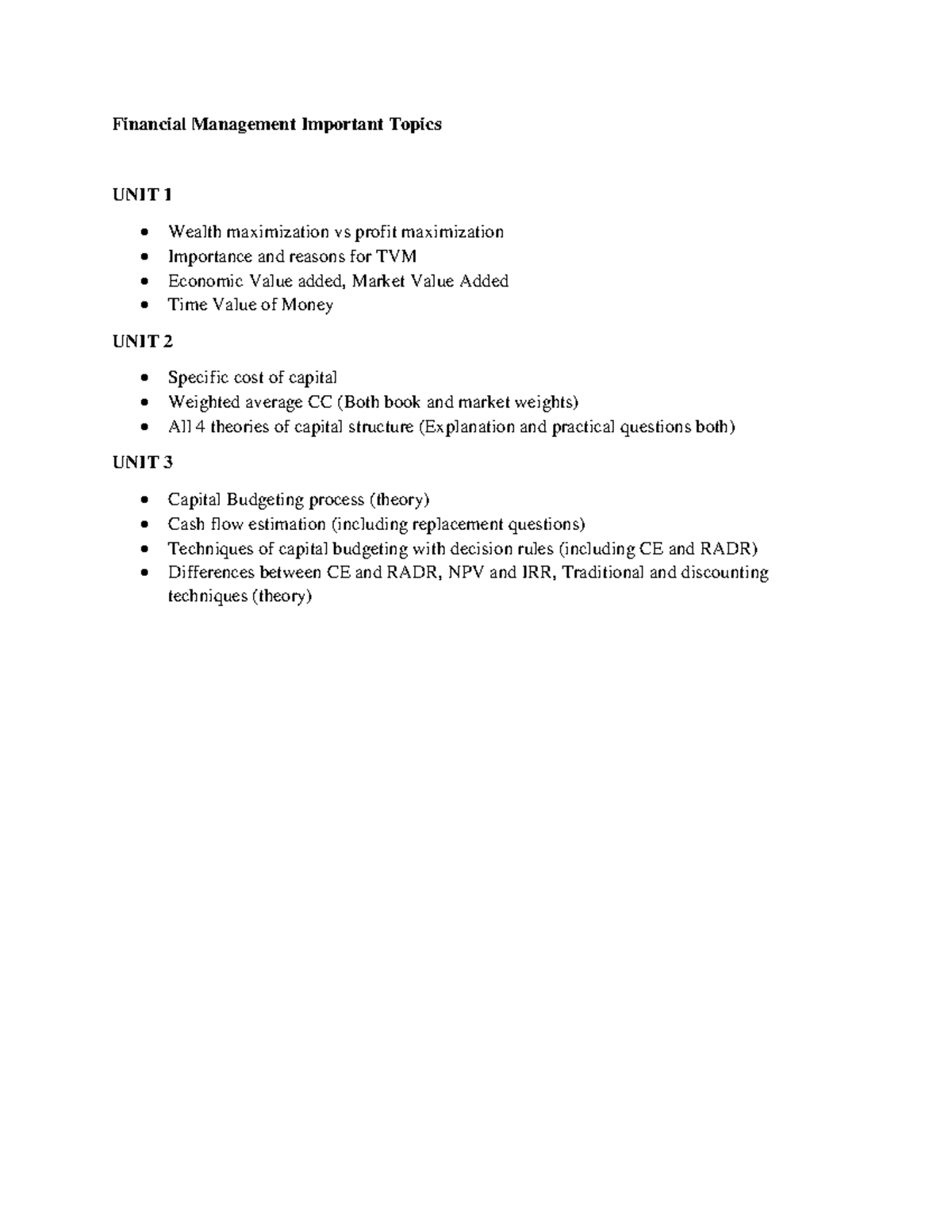 FM Important Topics - Financial Management Important Topics UNIT 1 ...
