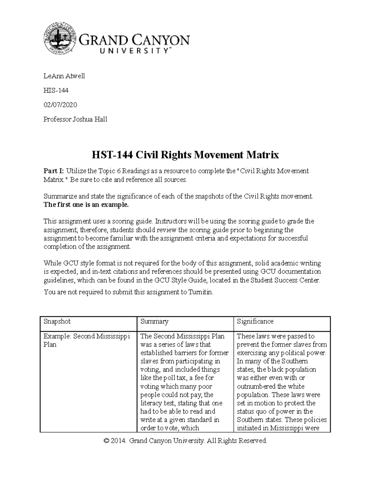 HIS144 Civil Rights Movement Matrix - LeAnn Atwell HIS- 02/07 ...