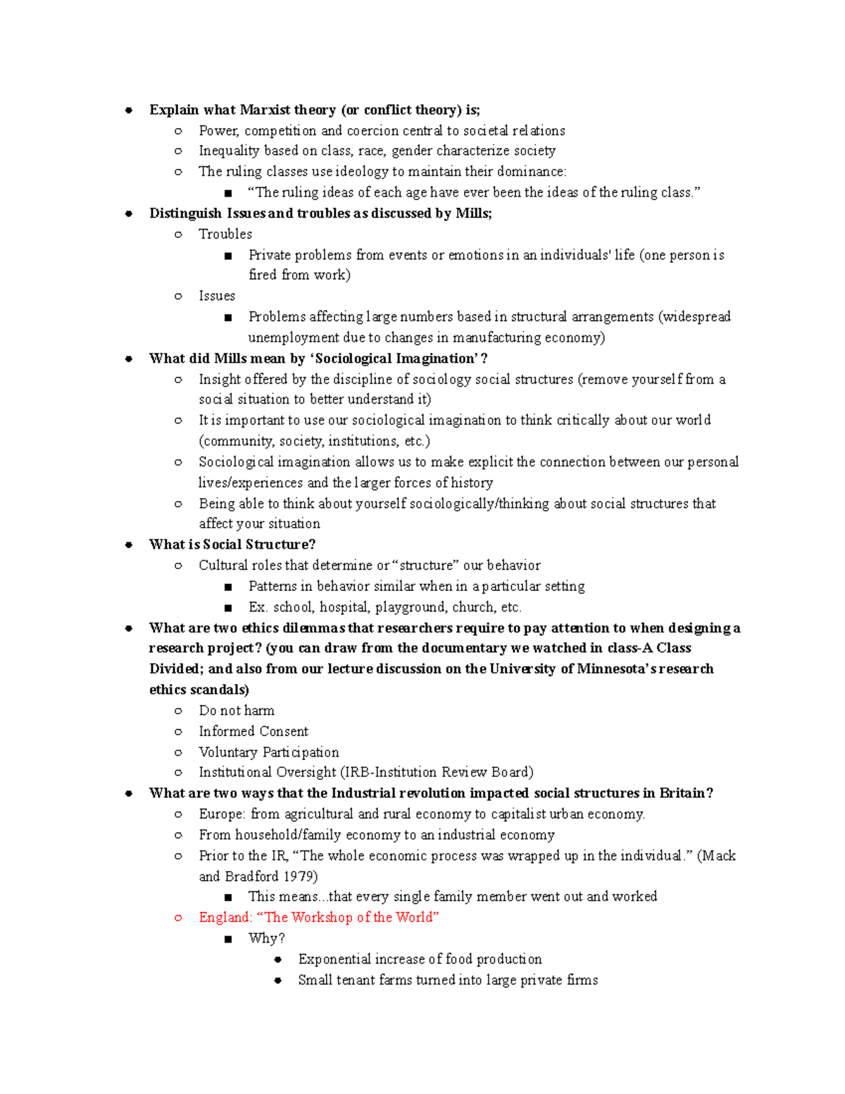 Exam 1 Study Guide - SOC 1001 - Explain what Marxist theory (or ...