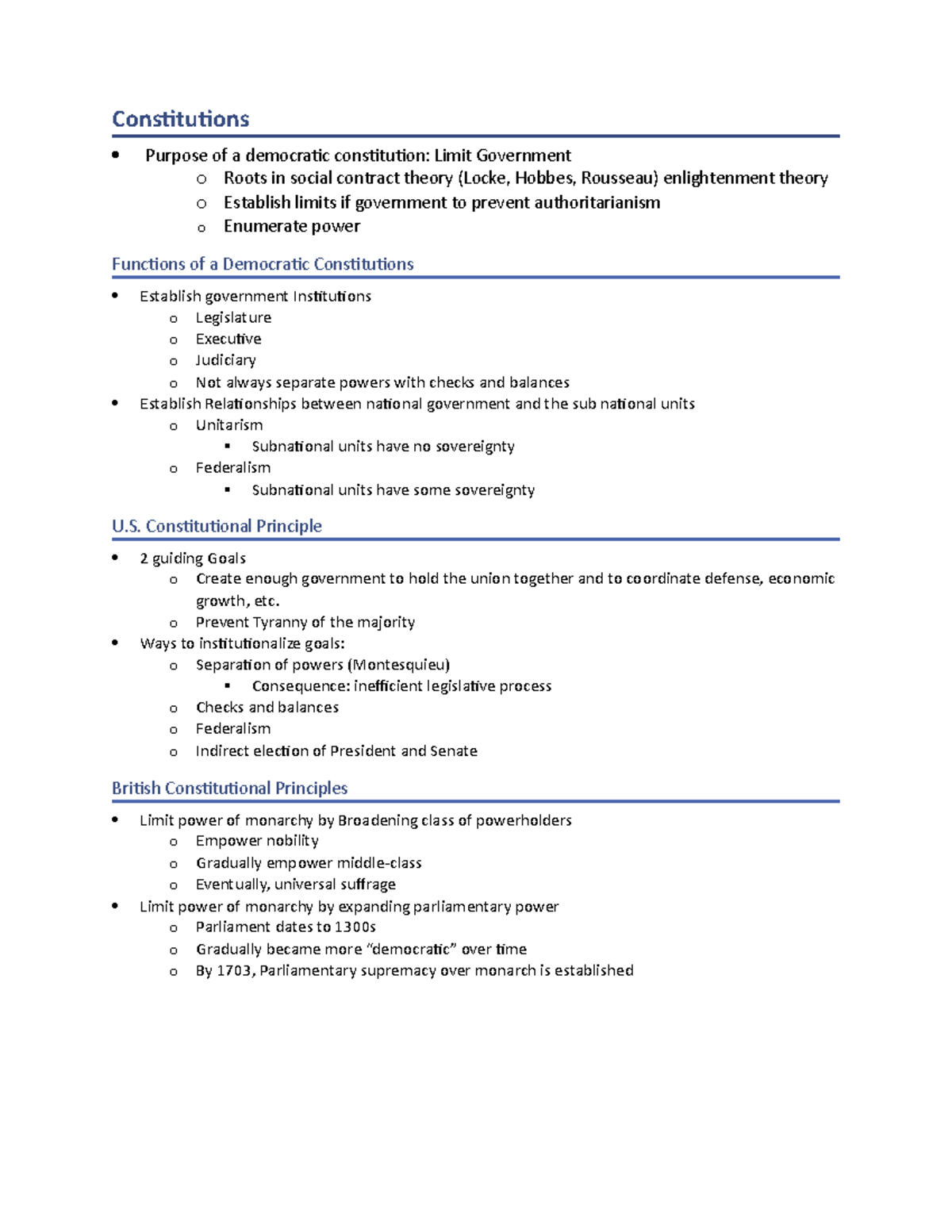 Constitutions Notes - Constitutions Purpose of a democratic ...