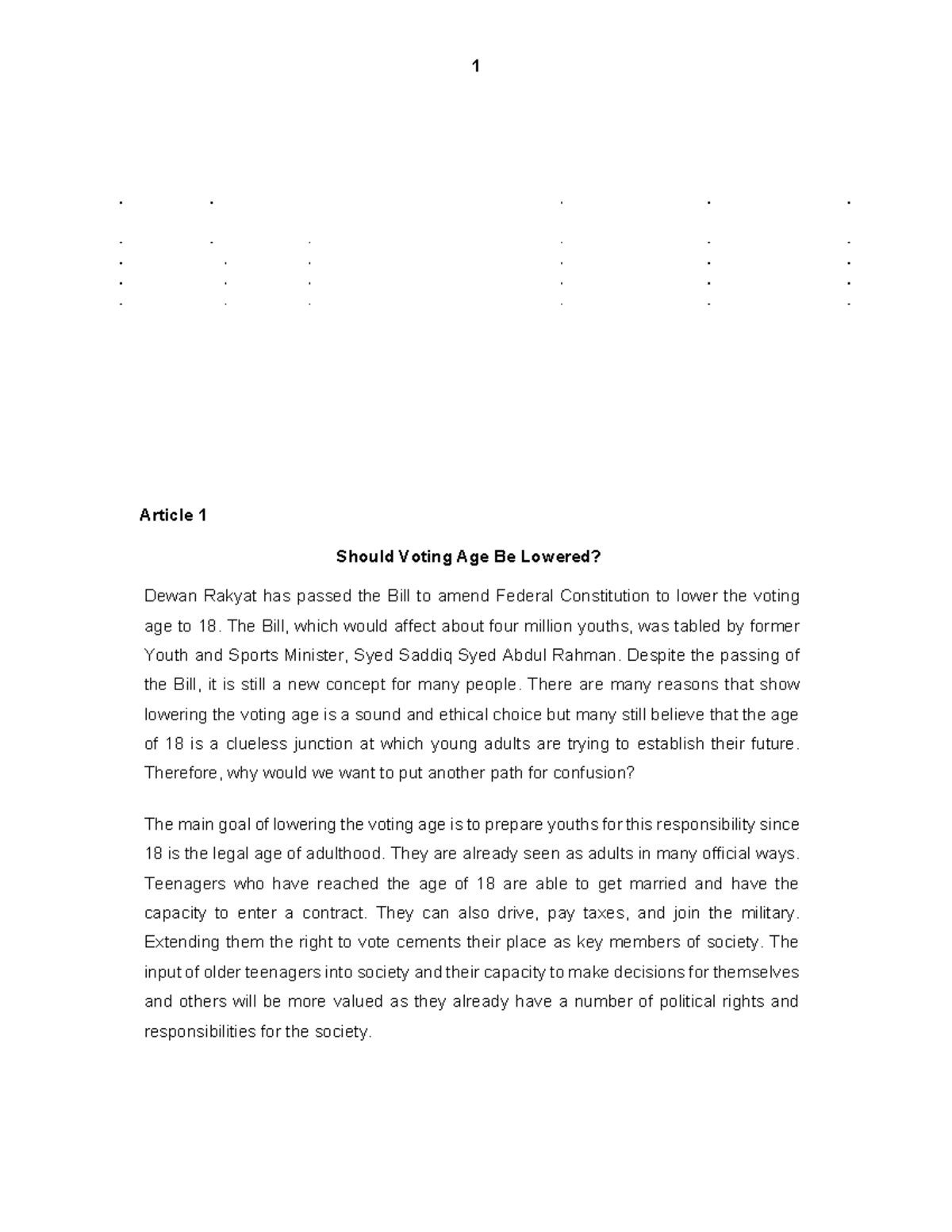 Practice 1 Outline - ... - Article 1 Should Voting Age Be Lowered ...