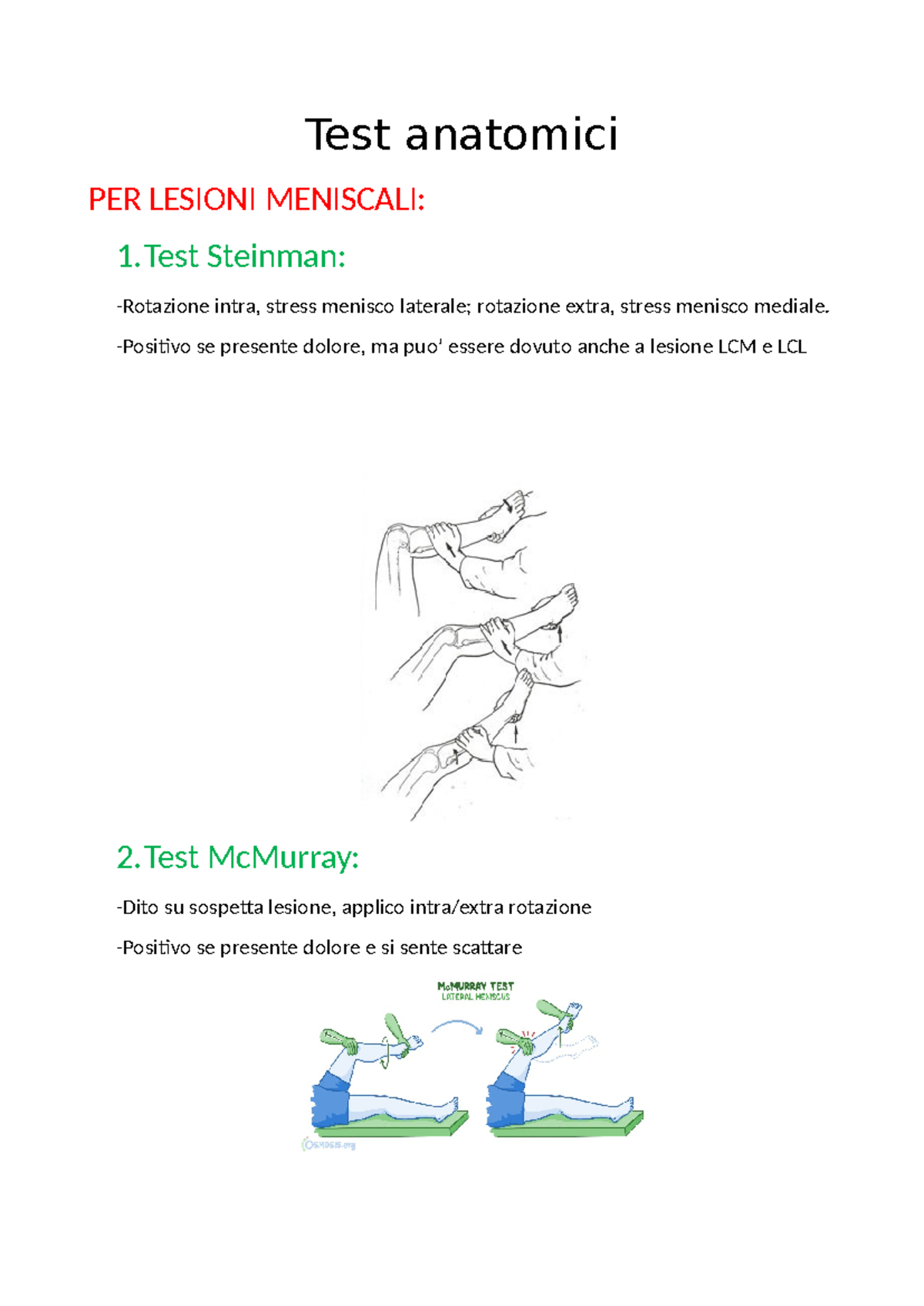 Test anatomici - Test anatomici PER LESIONI MENISCALI: 1 Steinman ...