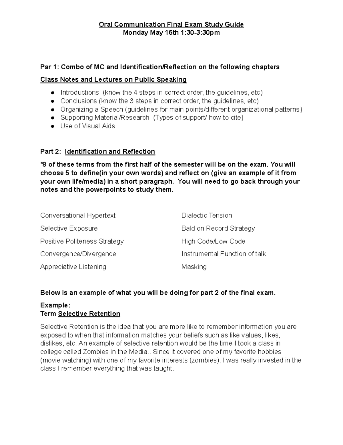 Rhet 1 Final Exam Review - Oral Communication Final Exam Study Guide Monday May 15th 1:30-3:30pm ...