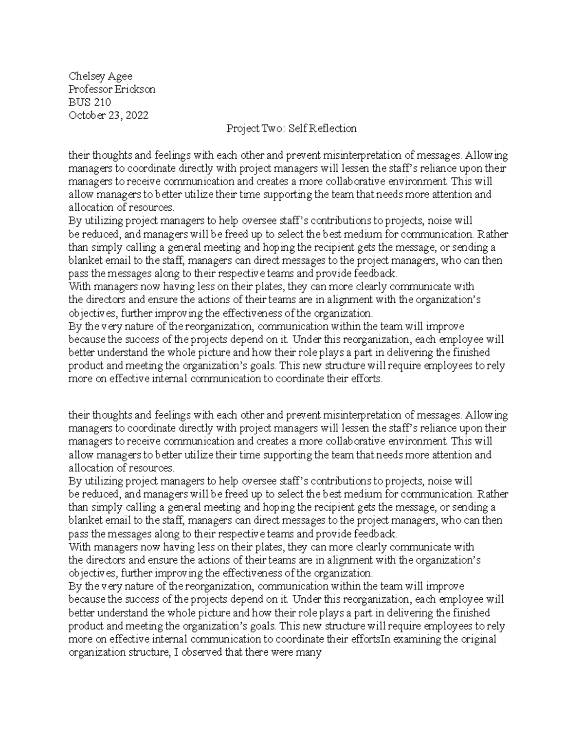 Project Two - BUS 210 - Chelsey Agee Professor Erickson BUS 210 October 23, 2022 Project Two ...